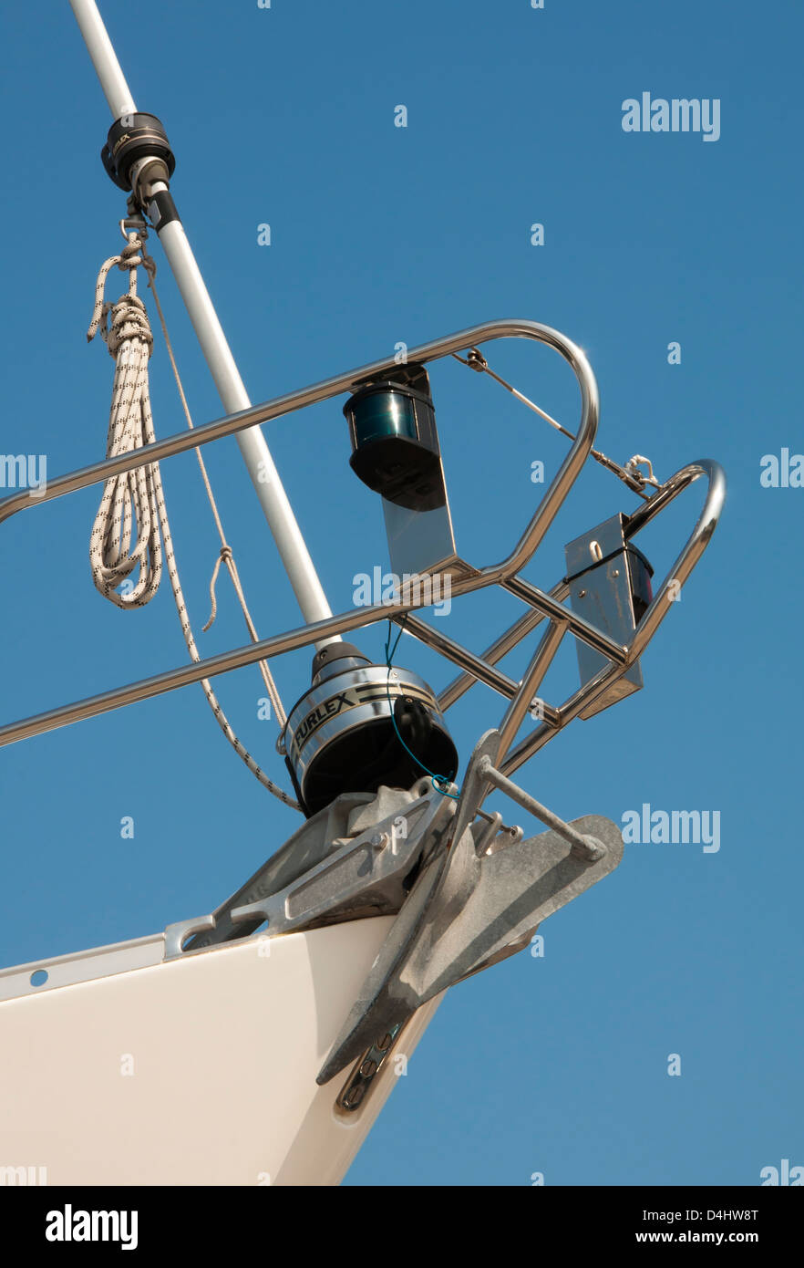 Yacht bow pulpit with navigation lights, jib furling gear and CQR ...