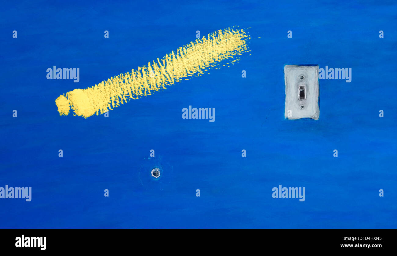 Illustration of worn and damaged blue wall with light switch and large ...