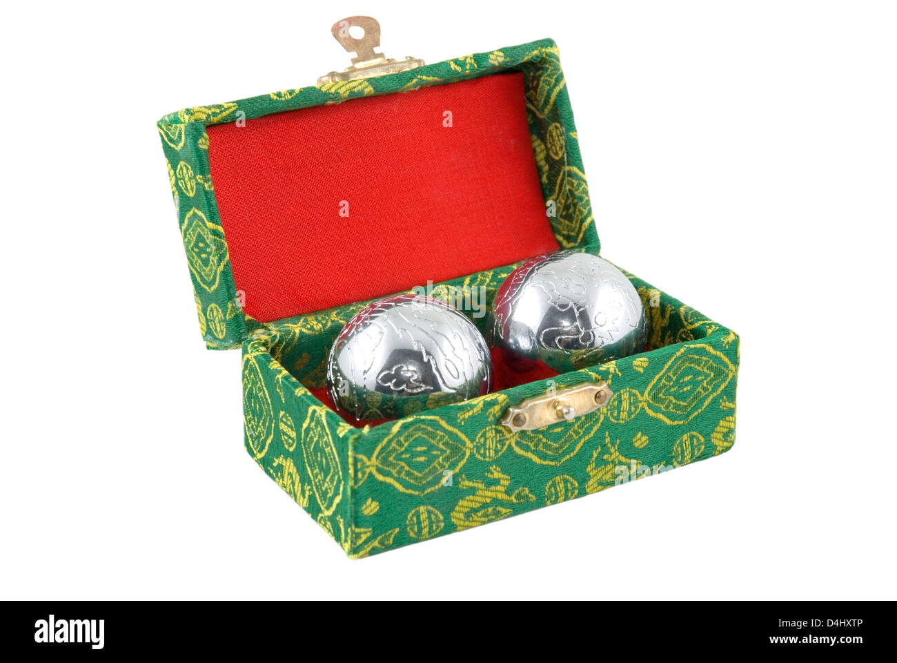 The Chinese souvenir - two metal spheres in a green - red box Stock ...