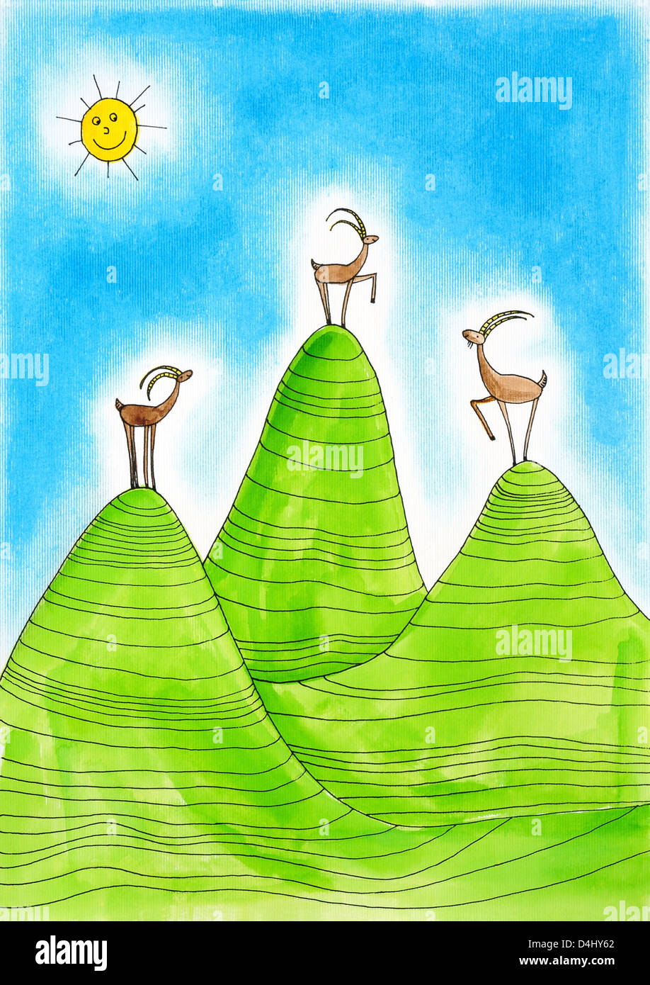 Three Alpine ibexes, child's drawing, watercolor painting, cartoon ...