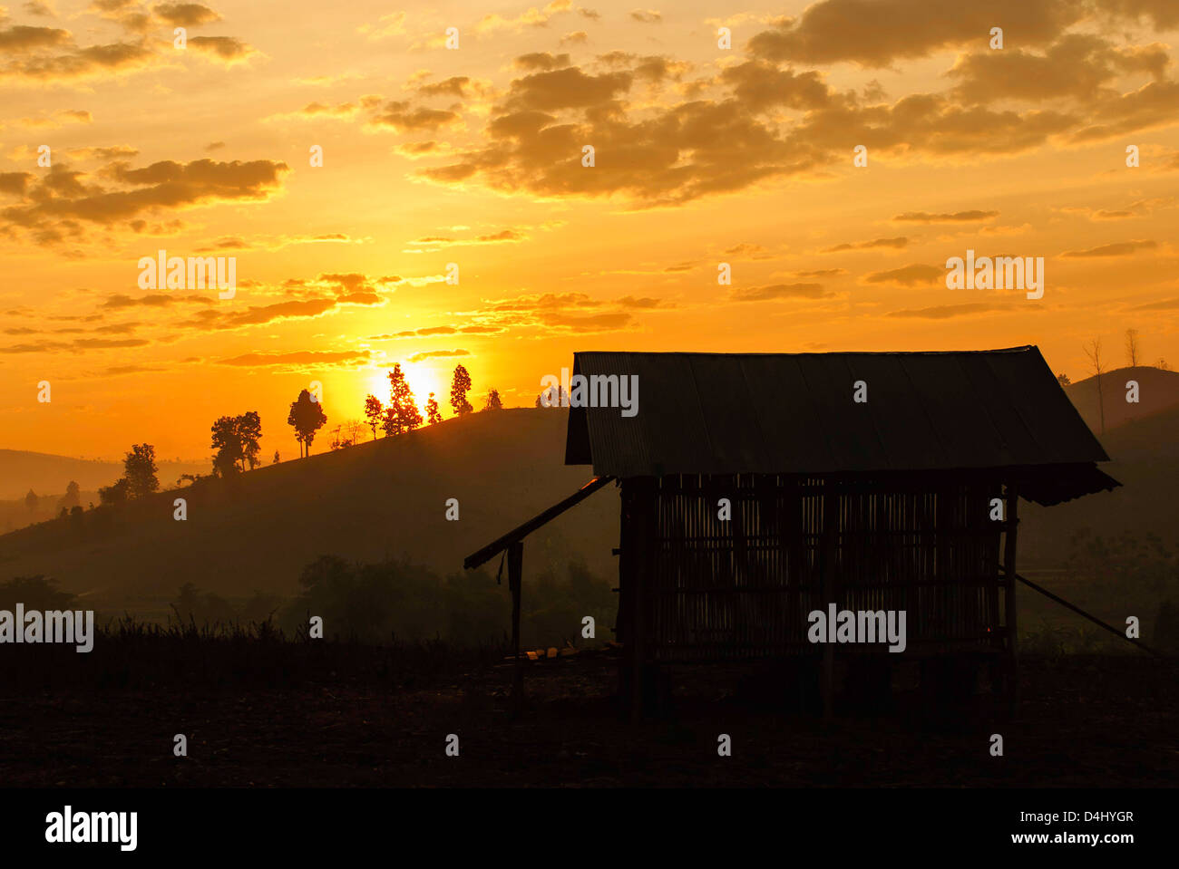 the sunrise and the one hut is countryside beautiful way northern part ...
