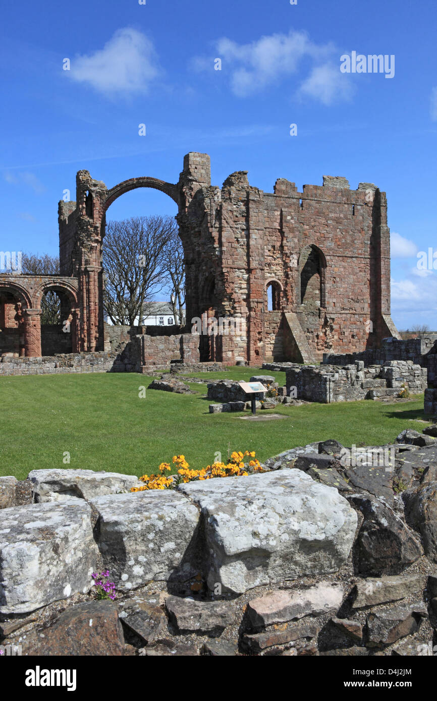 Lindisfarne Priory on Holy Island, in Northumberland, north England, on ...