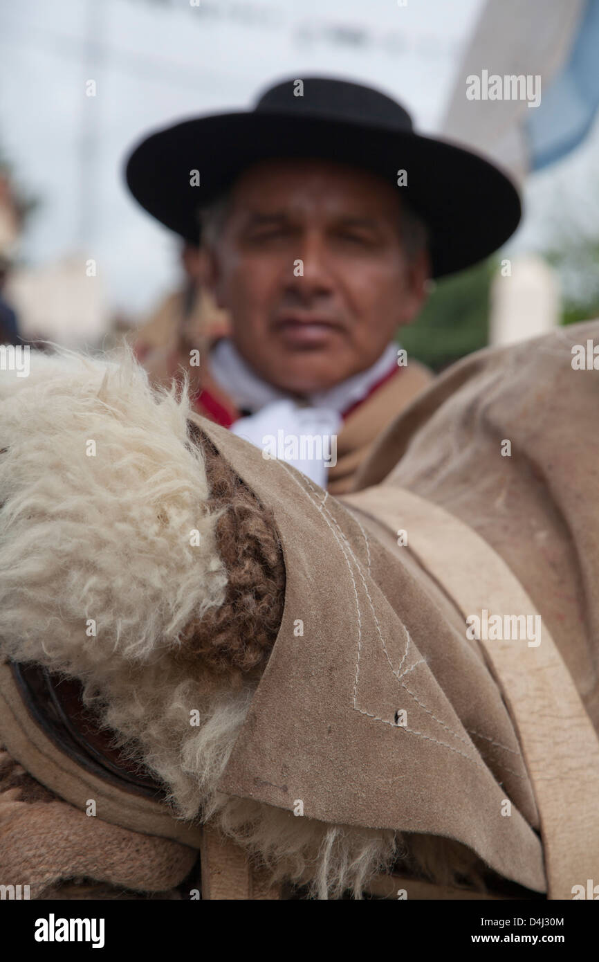 Parade of gauchos on horses in traditional costumes in Salta, Argentina ...
