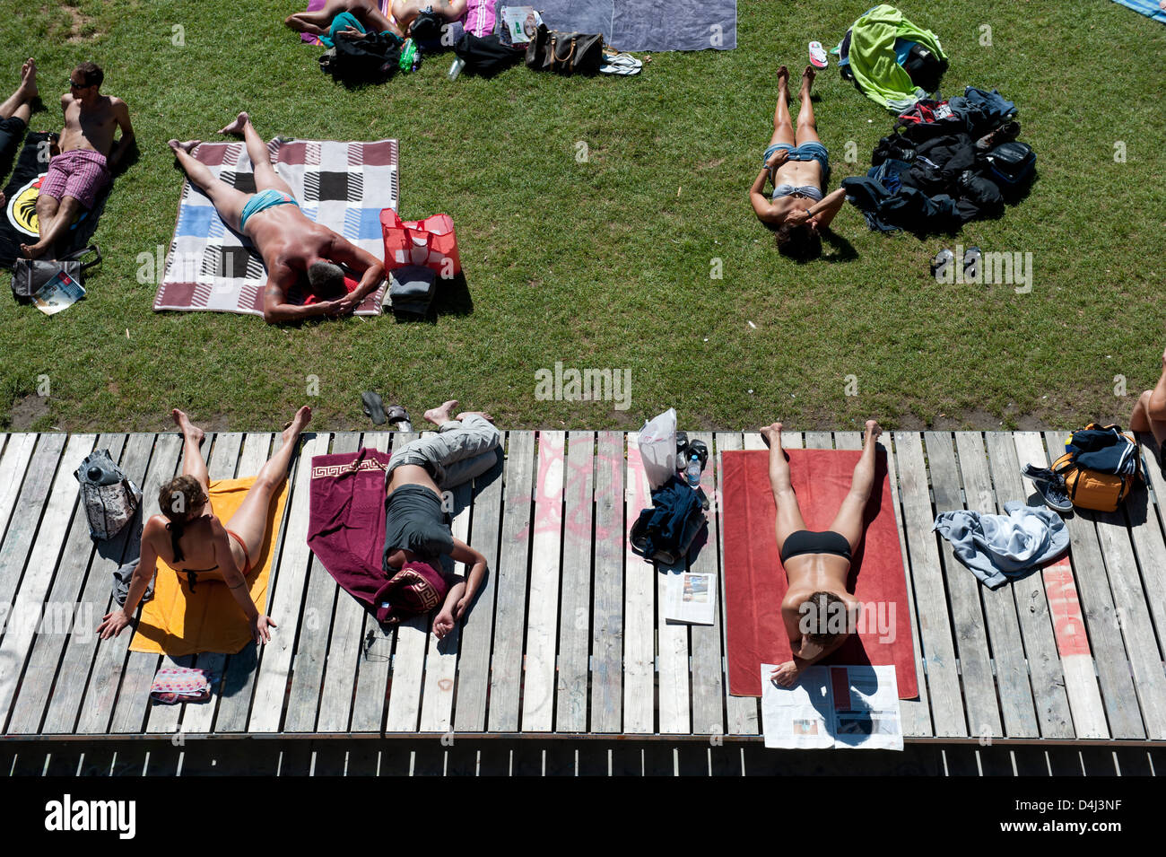 Zurich, Switzerland, tourists Flussbad Unterer Letten on the banks of ...