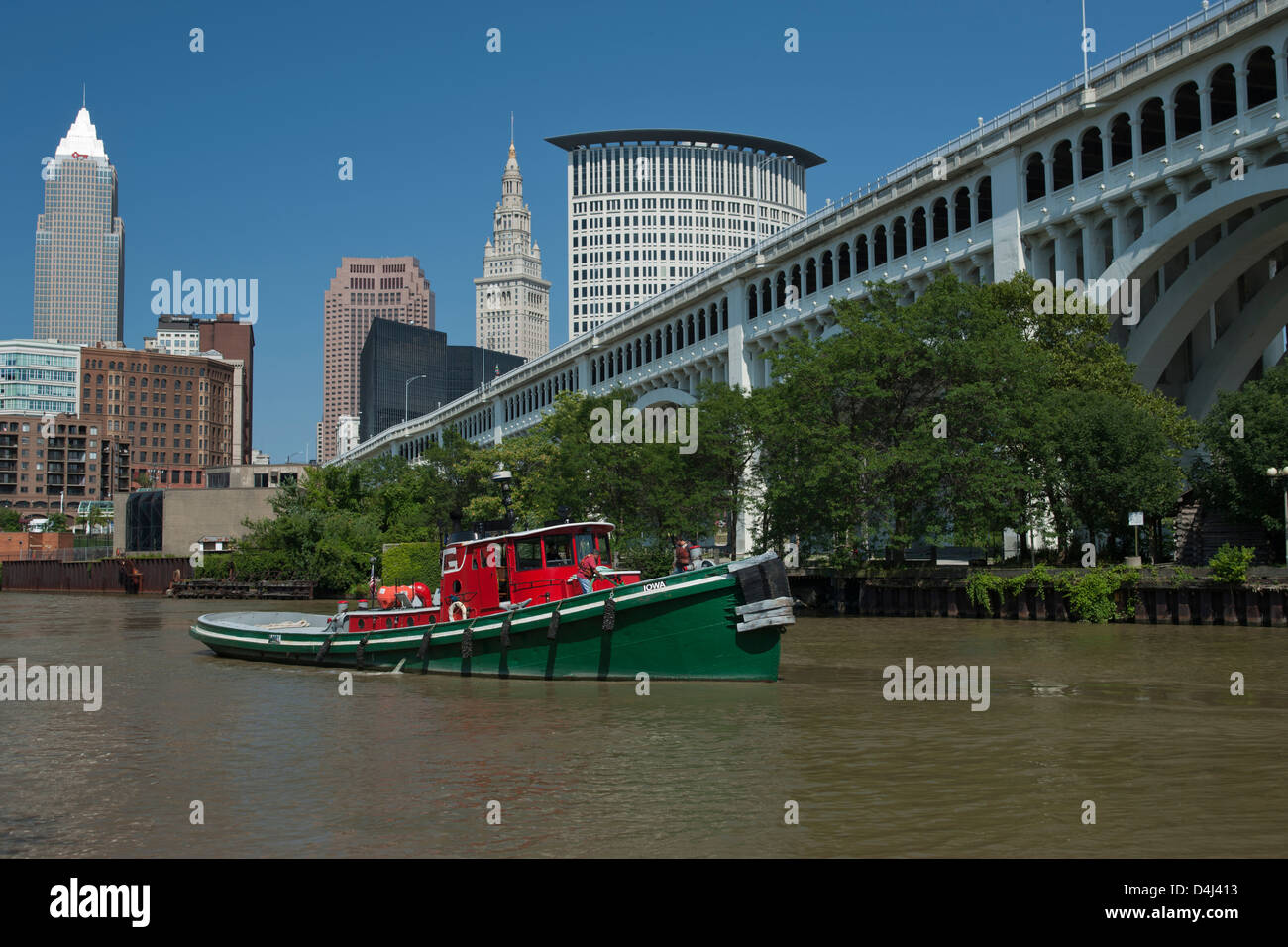 TUG BOAT CUYAHOGA RIVER AT SETTLERS LANDING PARK DOWNTOWN SKYLINE ...