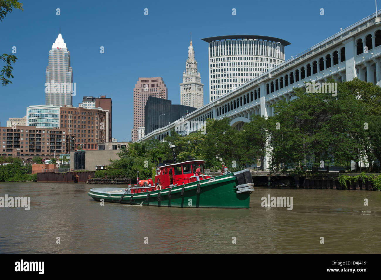 TUG BOAT CUYAHOGA RIVER AT SETTLERS LANDING PARK DOWNTOWN SKYLINE ...