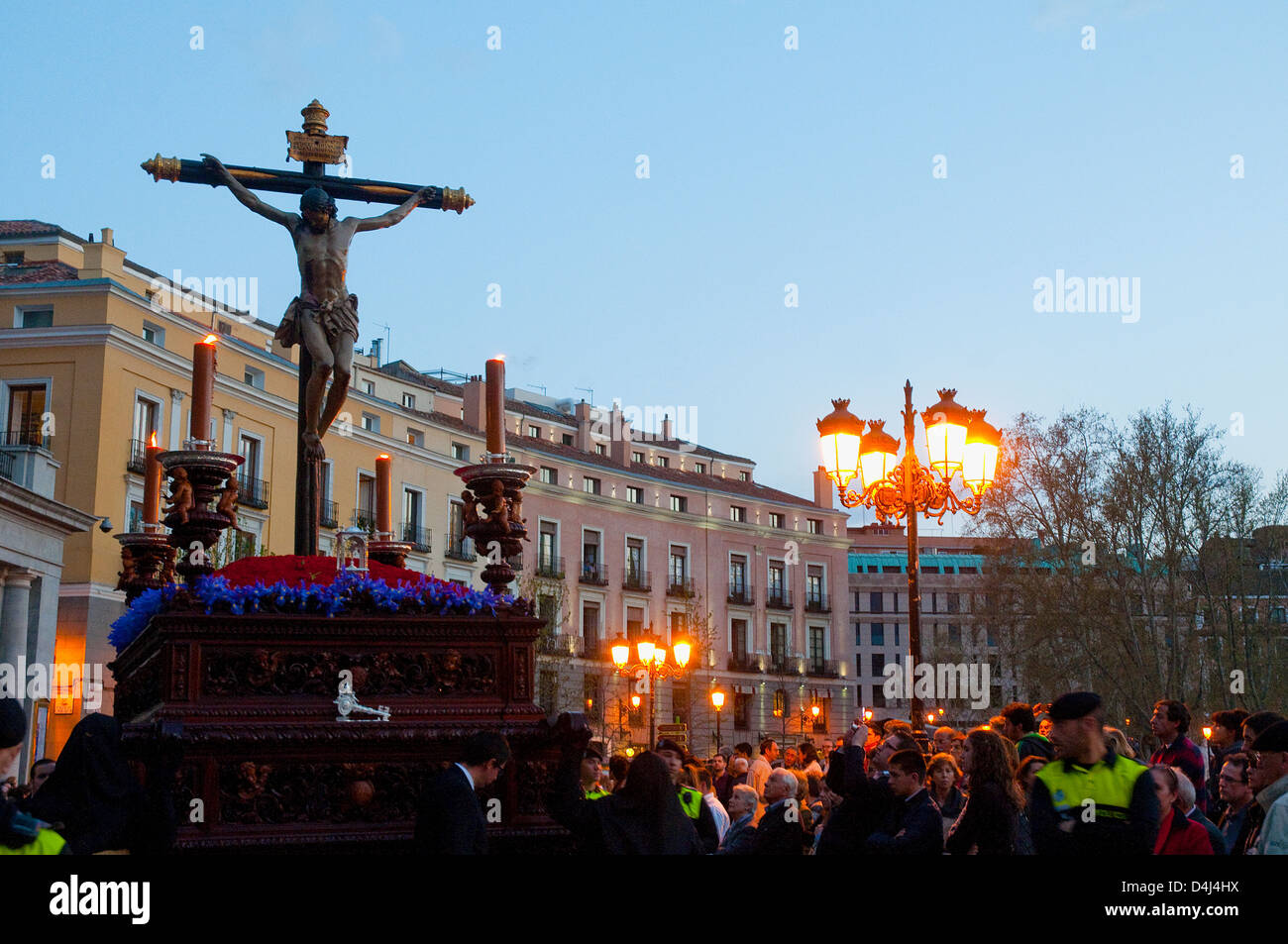 Holy Week procession at dusk. Oriente Square, Madrid, Spain Stock Photo ...