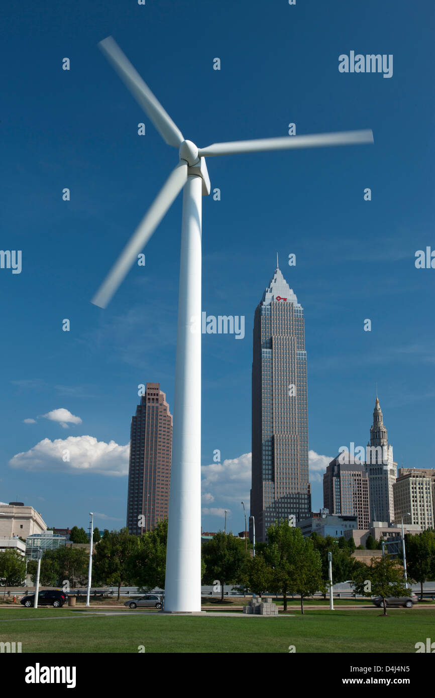 WIND TURBINE AT GREAT LAKES SCIENCE CENTER DOWNTOWN SKYLINE CLEVELAND ...