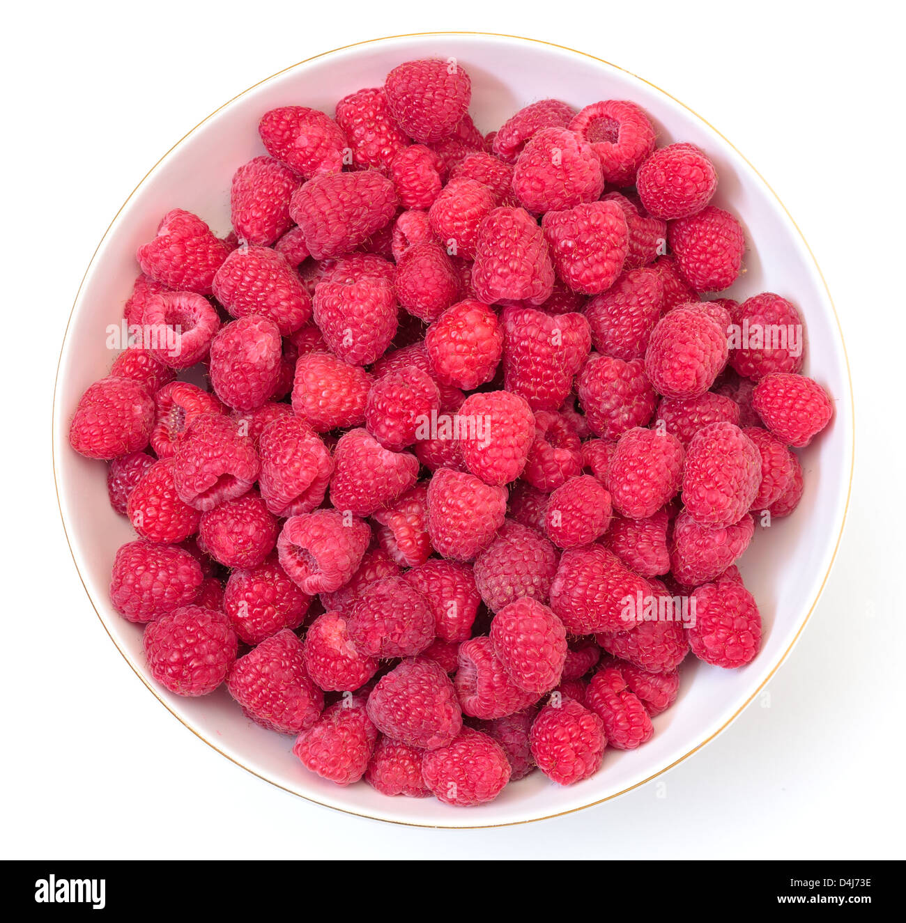 Ripe Berry Red Raspberry in Bowl on white background, top view Stock ...