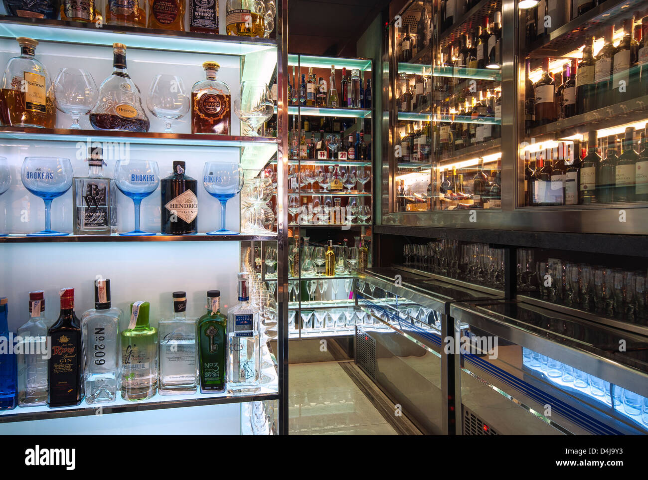 Shelves stacked with wine and spirits in a shop in Laguardia in the ...