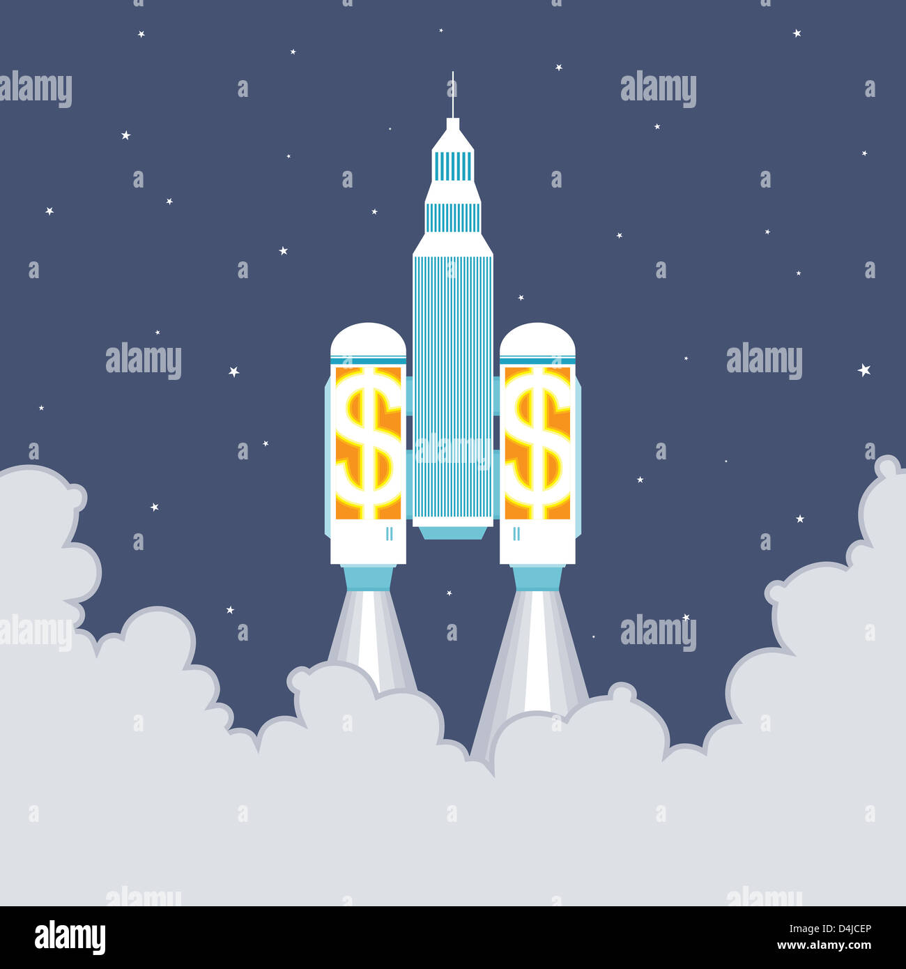 Vector illustration of an office building taking off with two large ...