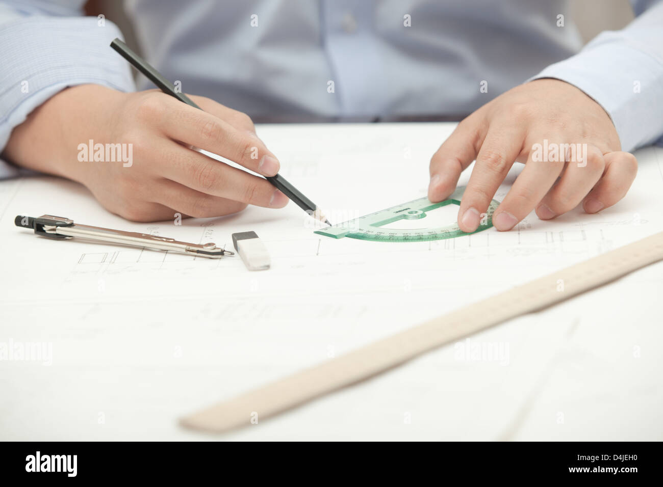 Hands male architect to make drawings using various line pencil and ...