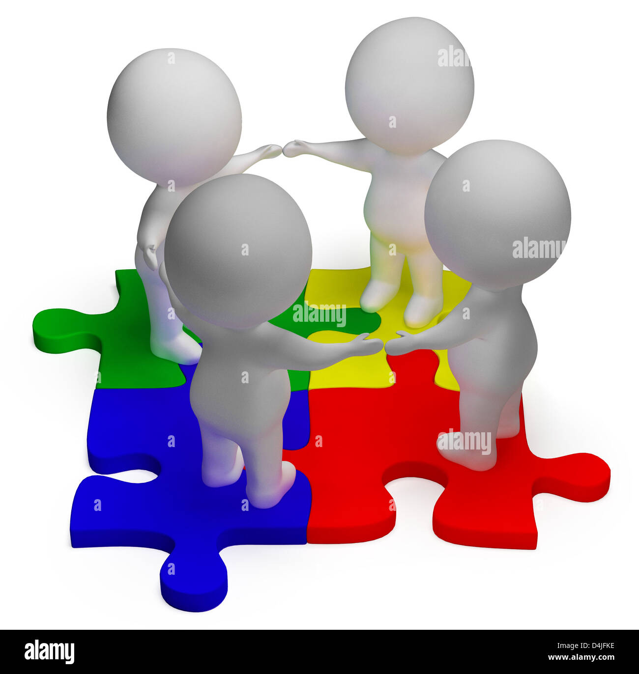 Puzzle Solved And 3d Characters Shows Unity And Teamwork Stock Photo ...