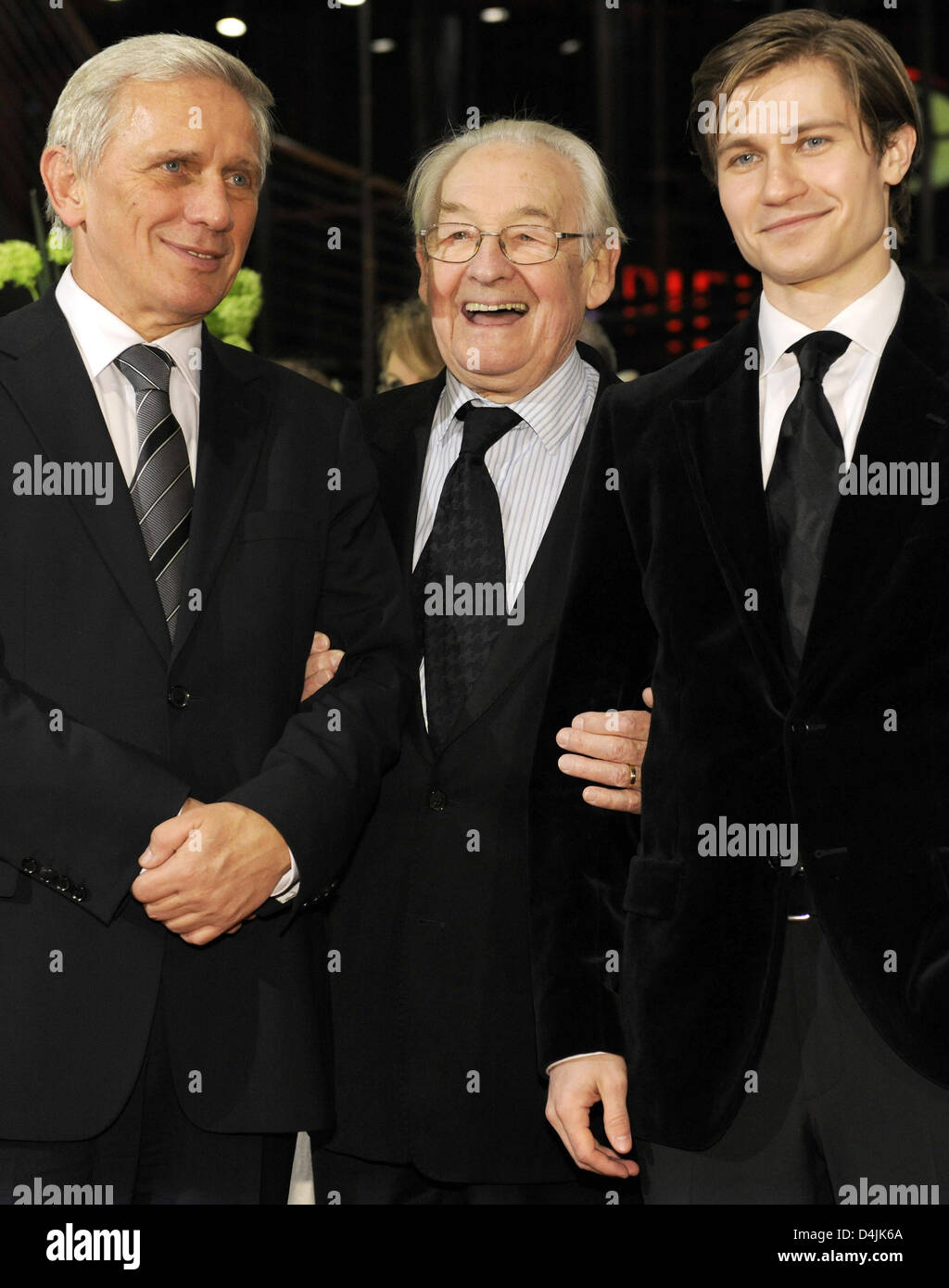 Polish director Andrzej Wajda (C) and Polish actors Jan Englert (L) and ...