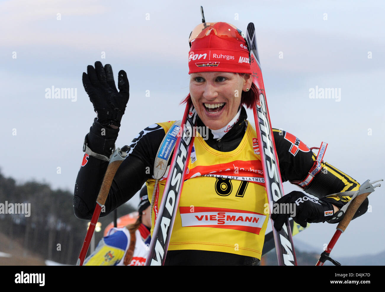 German biathlet Kati Wilhelm celebrates her victory after the women?s 7 ...