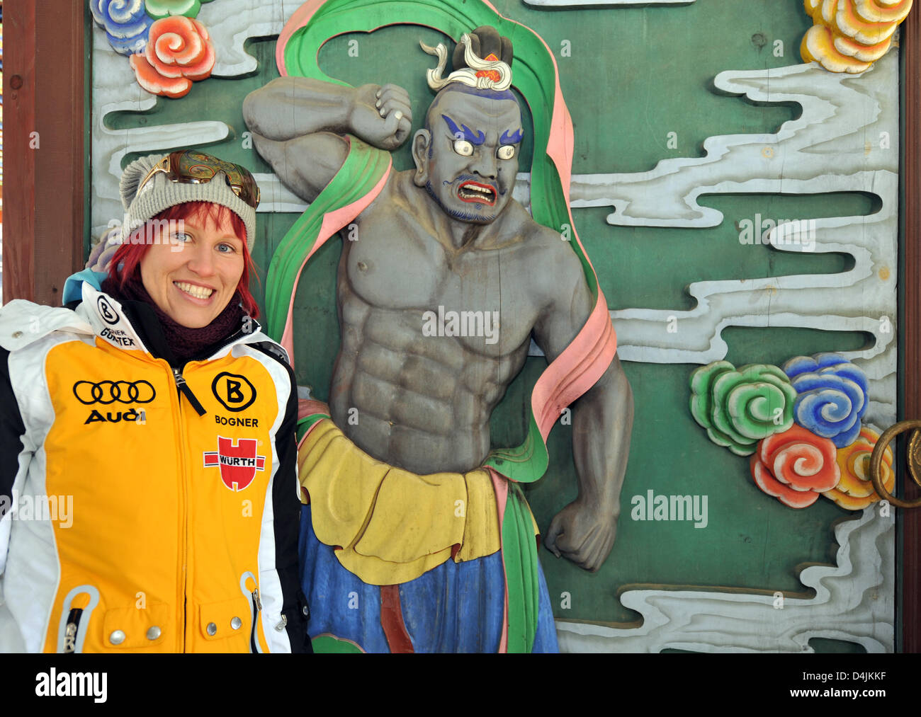 German biathlete Kati Wilhelm poses in front of Woljeongsa Temple near ...