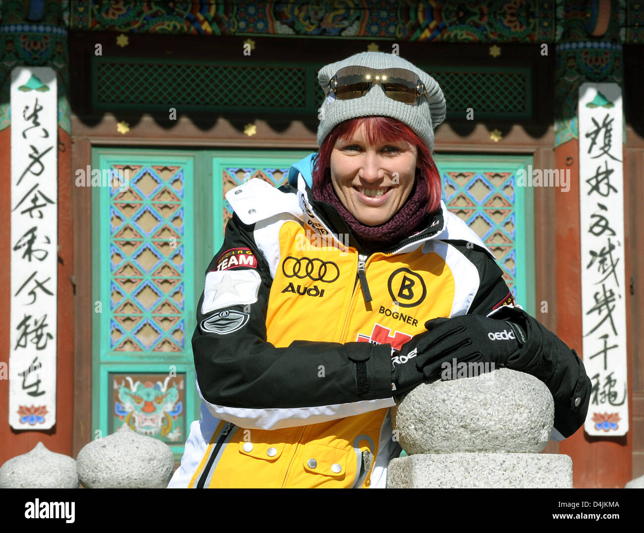 German biathlete Kati Wilhelm poses in front of Woljeongsa Temple near ...