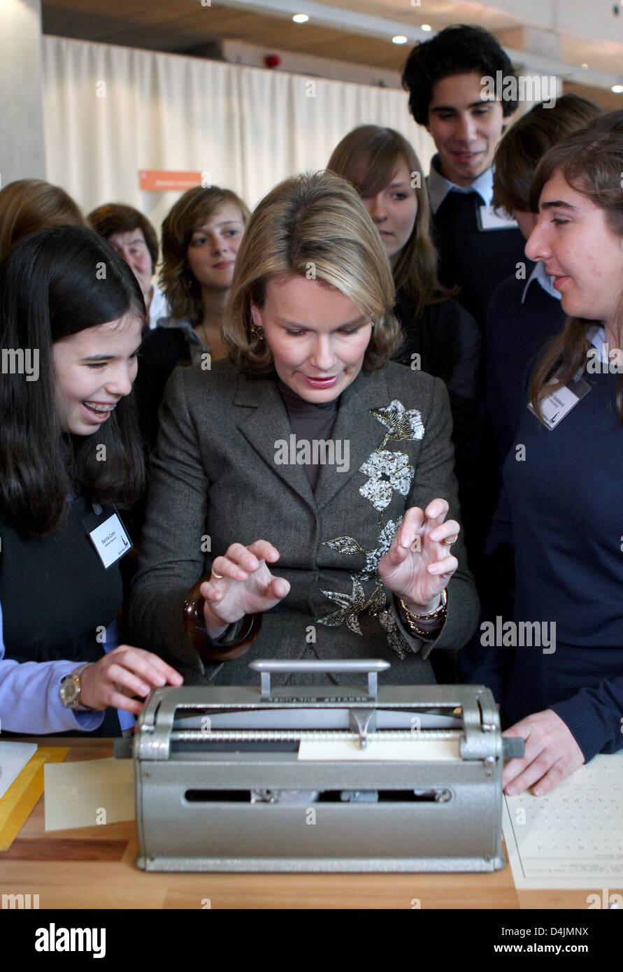 Crown Princess Mathilde of Belgium (C) visits the new Braille museum on ...