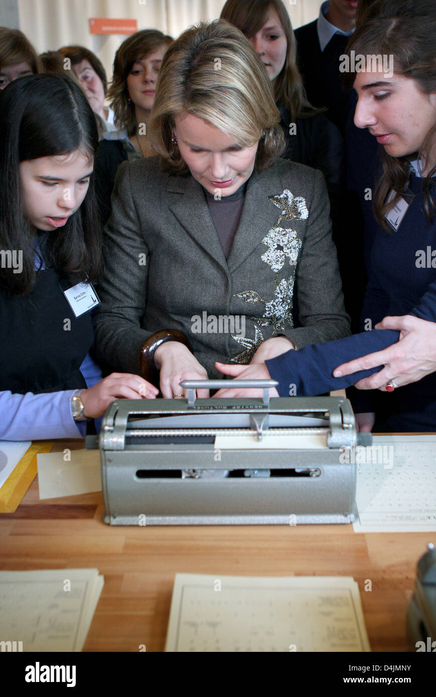 Crown Princess Mathilde of Belgium (C) visits the new Braille museum on ...