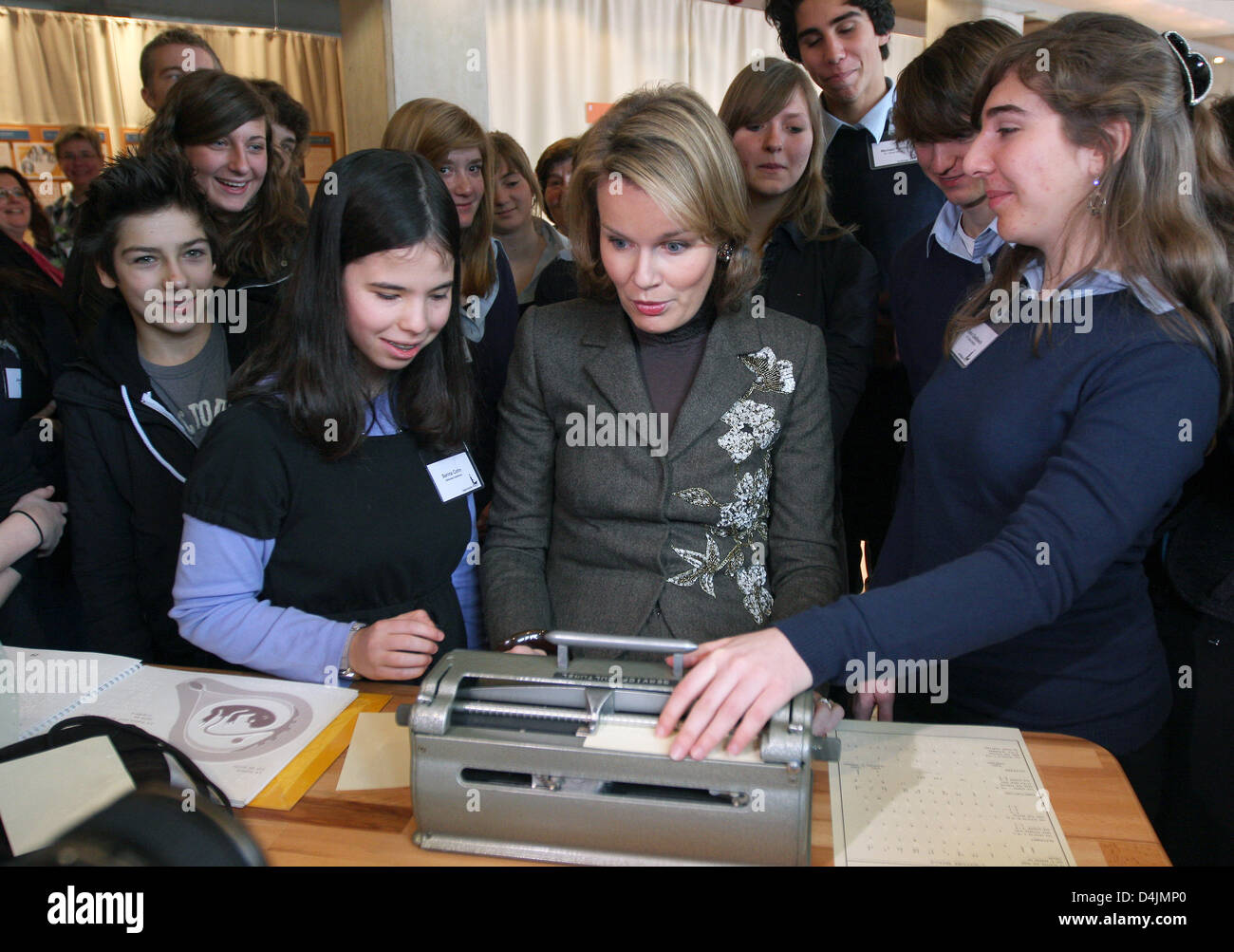 Crown Princess Mathilde of Belgium (C) visits the new Braille museum on ...