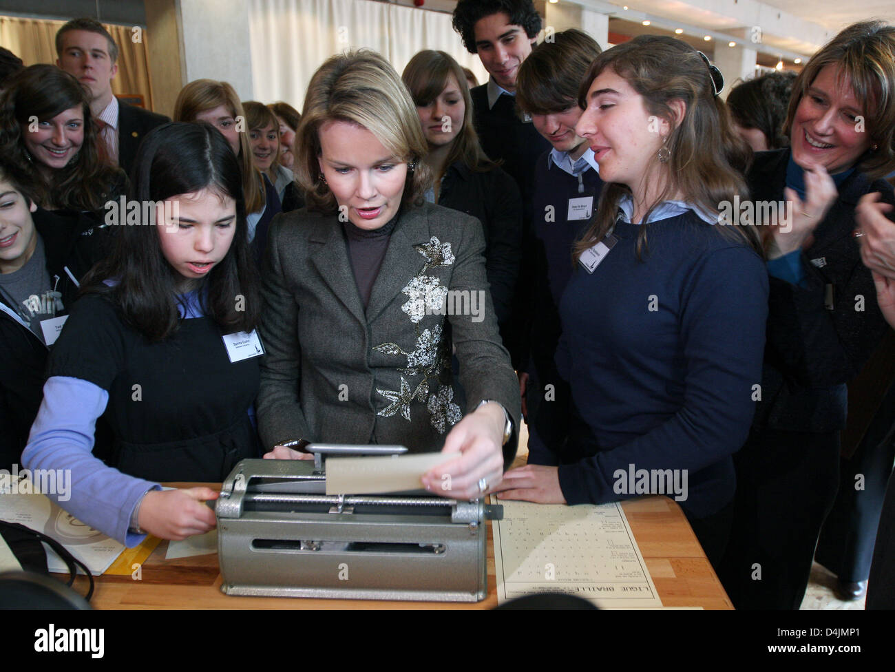 Crown Princess Mathilde of Belgium (C) visits the new Braille museum on ...
