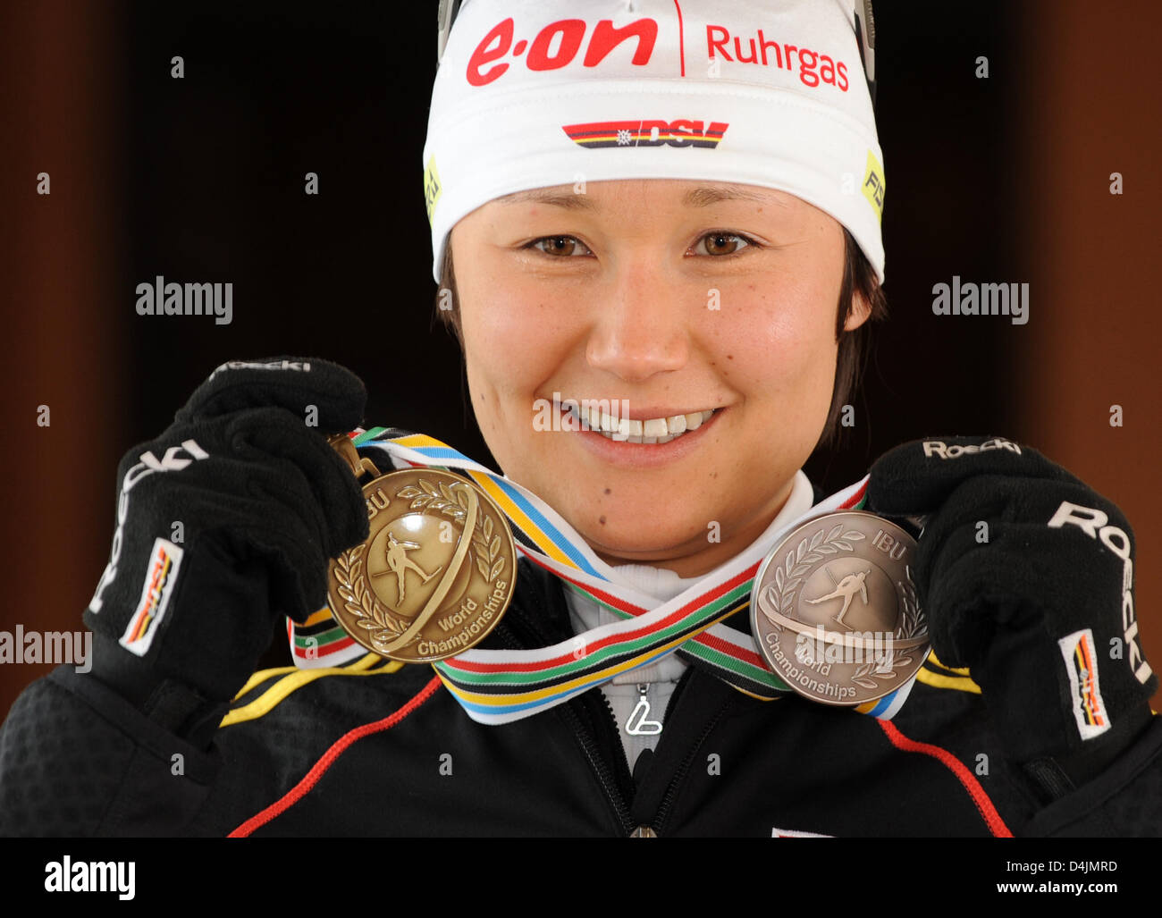 Germany?s Simone Hauswald shows her medals at the Biathlon World Championships in Pyeongchang ...