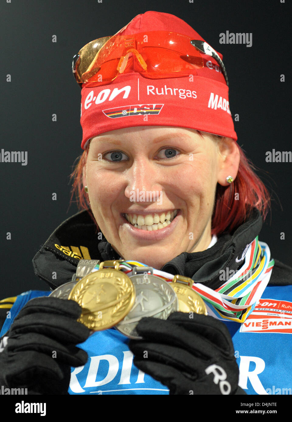 German biathlete Kati Wilhelm celebrate her two Gold and two Silver ...