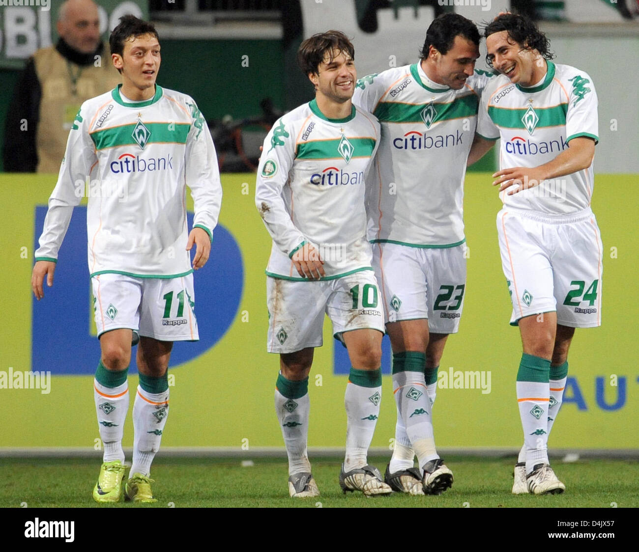 Werder Bremen players Mesut Oezil (L-R), Diego, Hugo Almeida and ...
