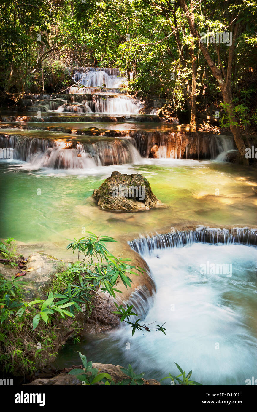 Cascading waters of Erawan waterfalls in the Erawan National Park ...