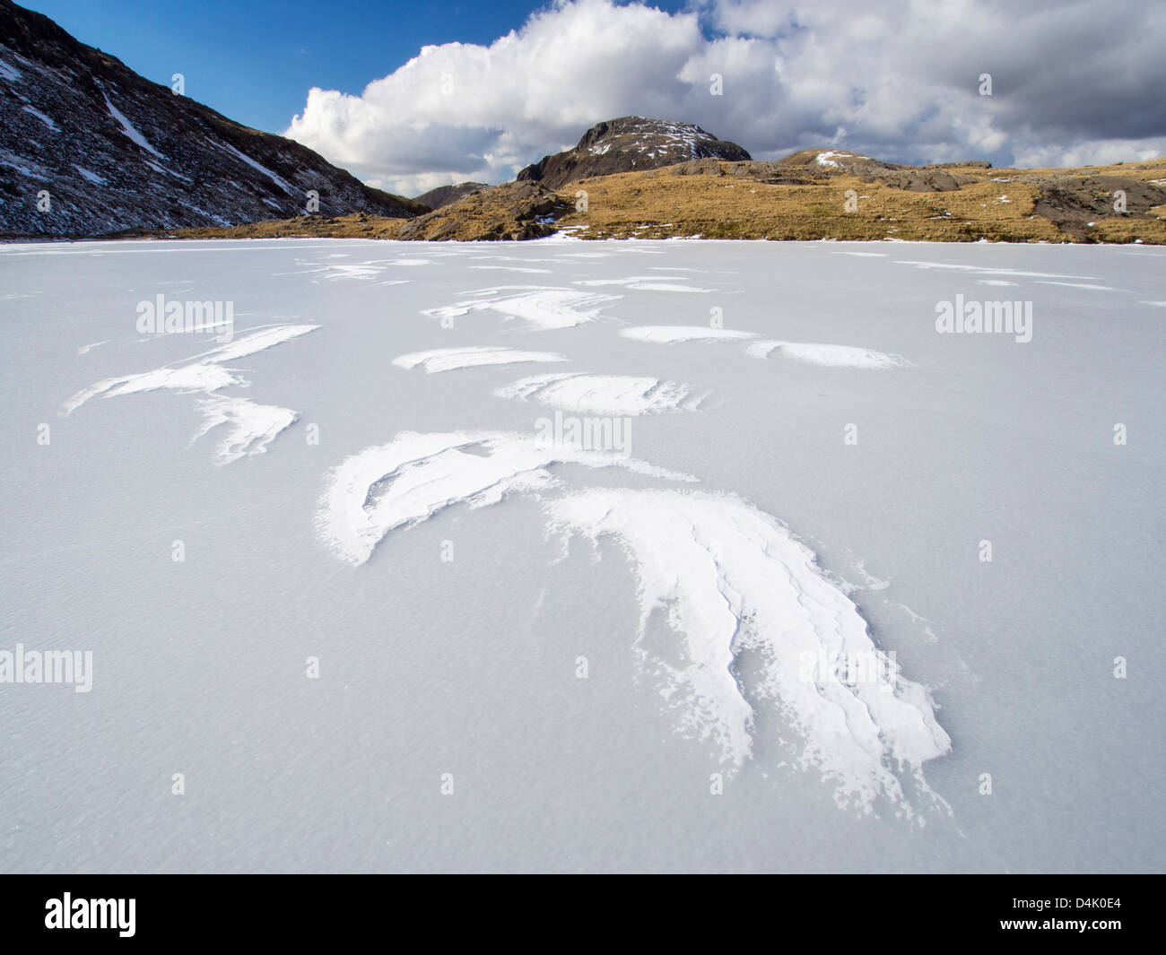 Wind drifted snow on Sprinkling Tarn at the head of Borrowdale, frozen ...