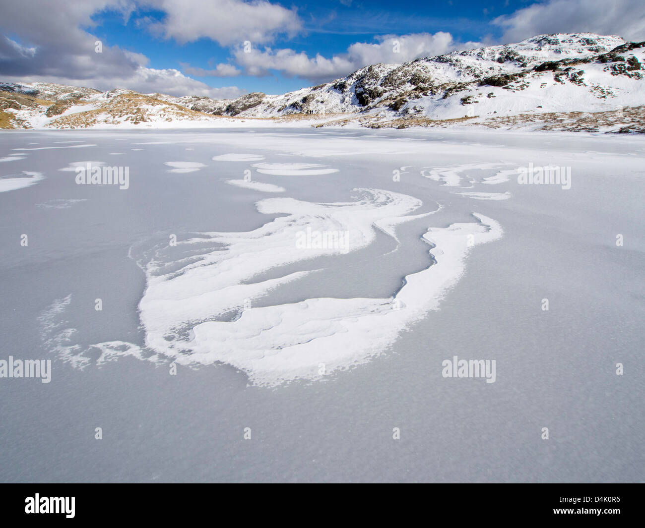 Wind drifted snow on Sprinkling Tarn at the head of Borrowdale, frozen ...