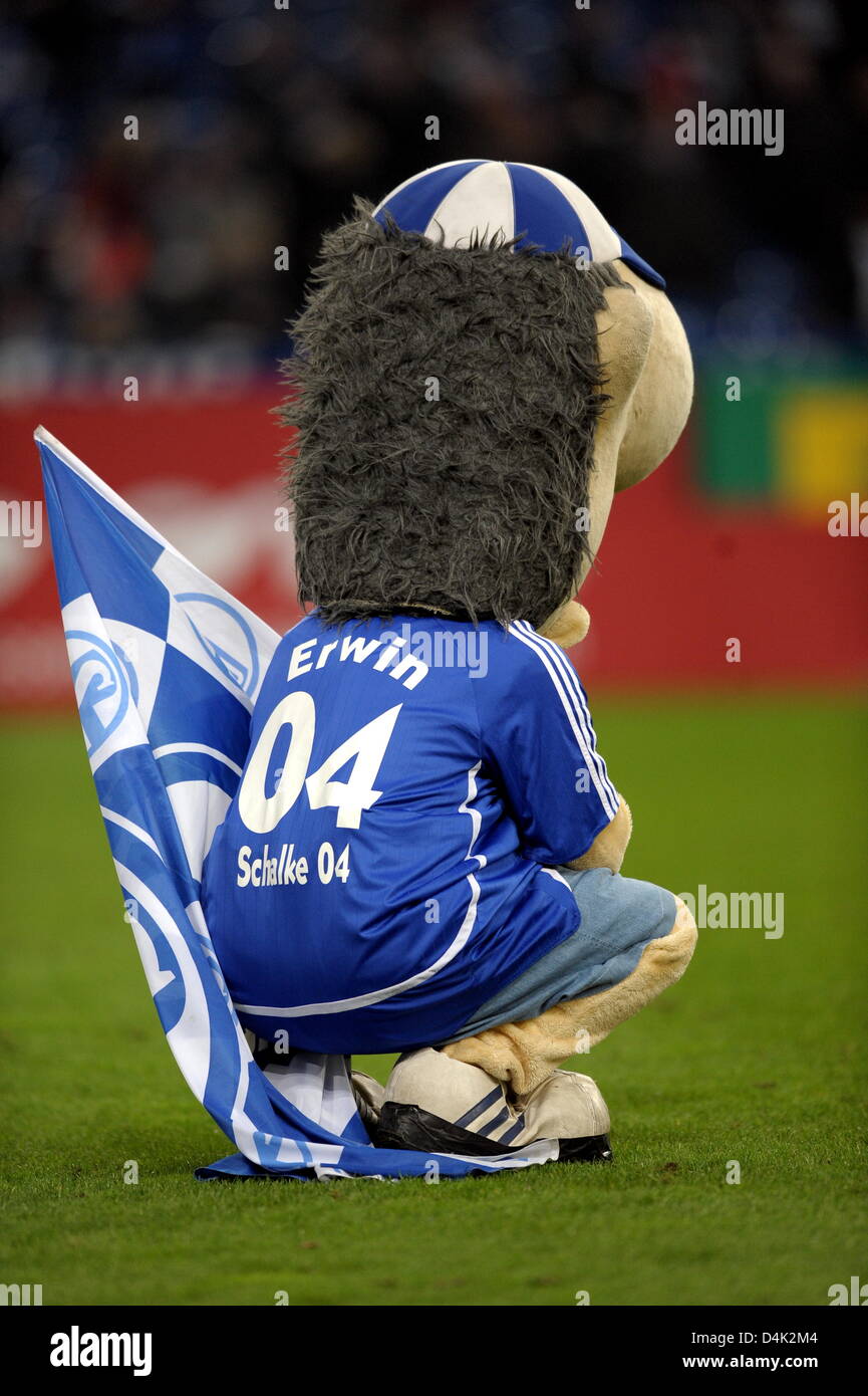 Schalke?s mascot Erwin kneels on the pitch after the Bundesliga match ...