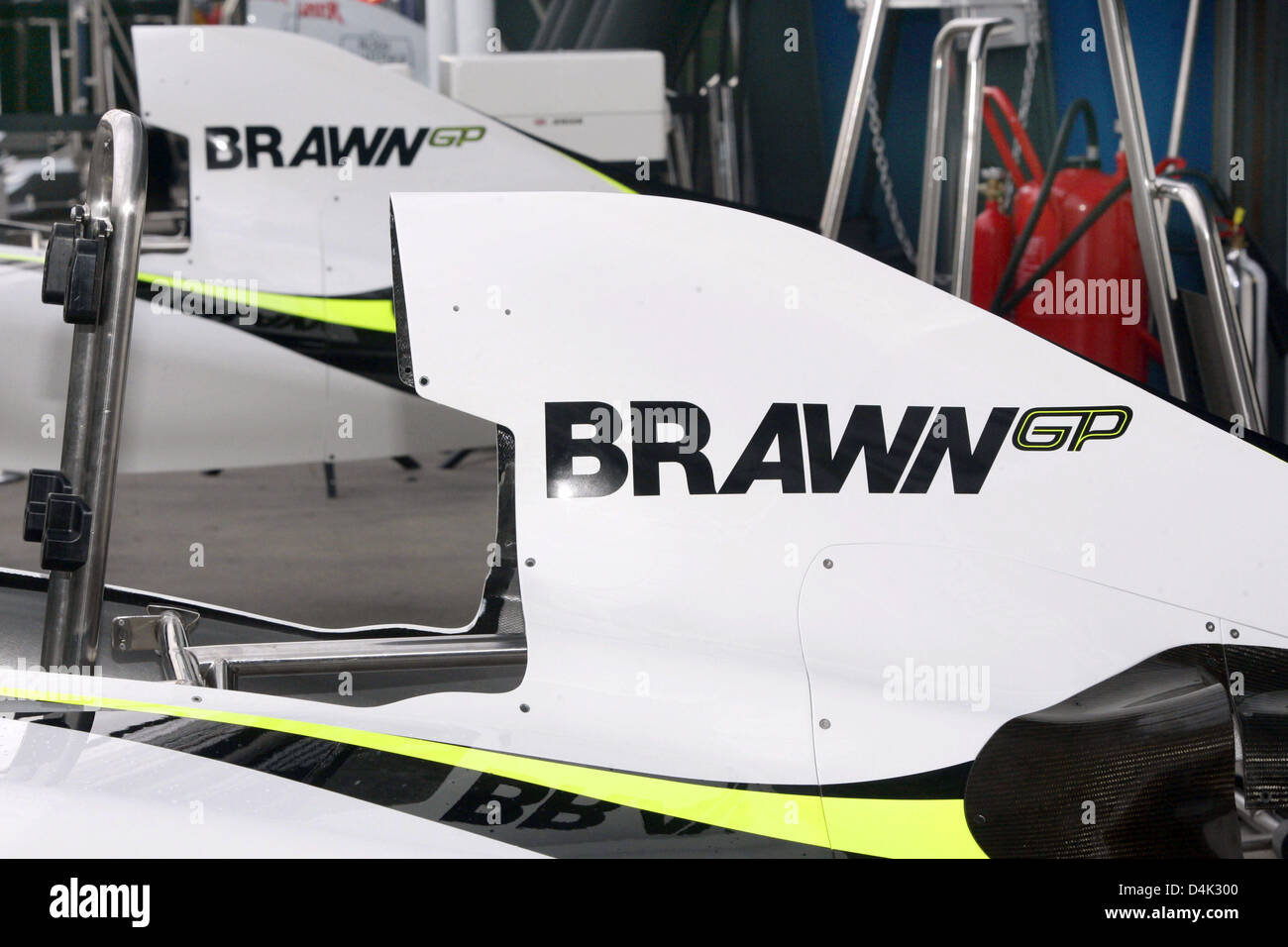 A car body of British team Brawn GP is pictured in front of the garage ...
