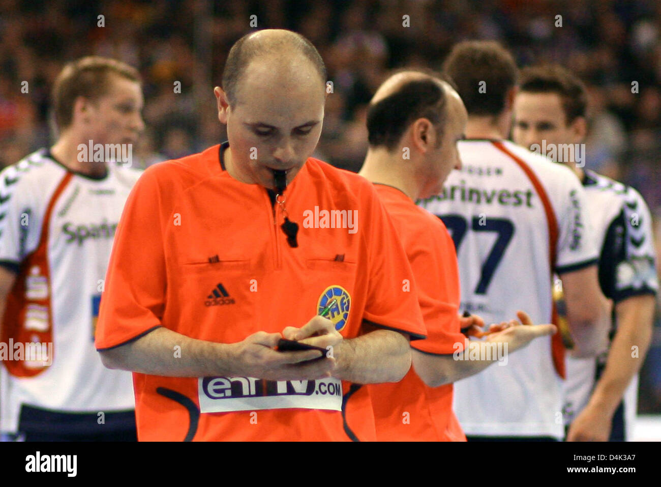 Spanish referees Alfonso Rodriguez (R) and Gregorio Muro are pictured ...