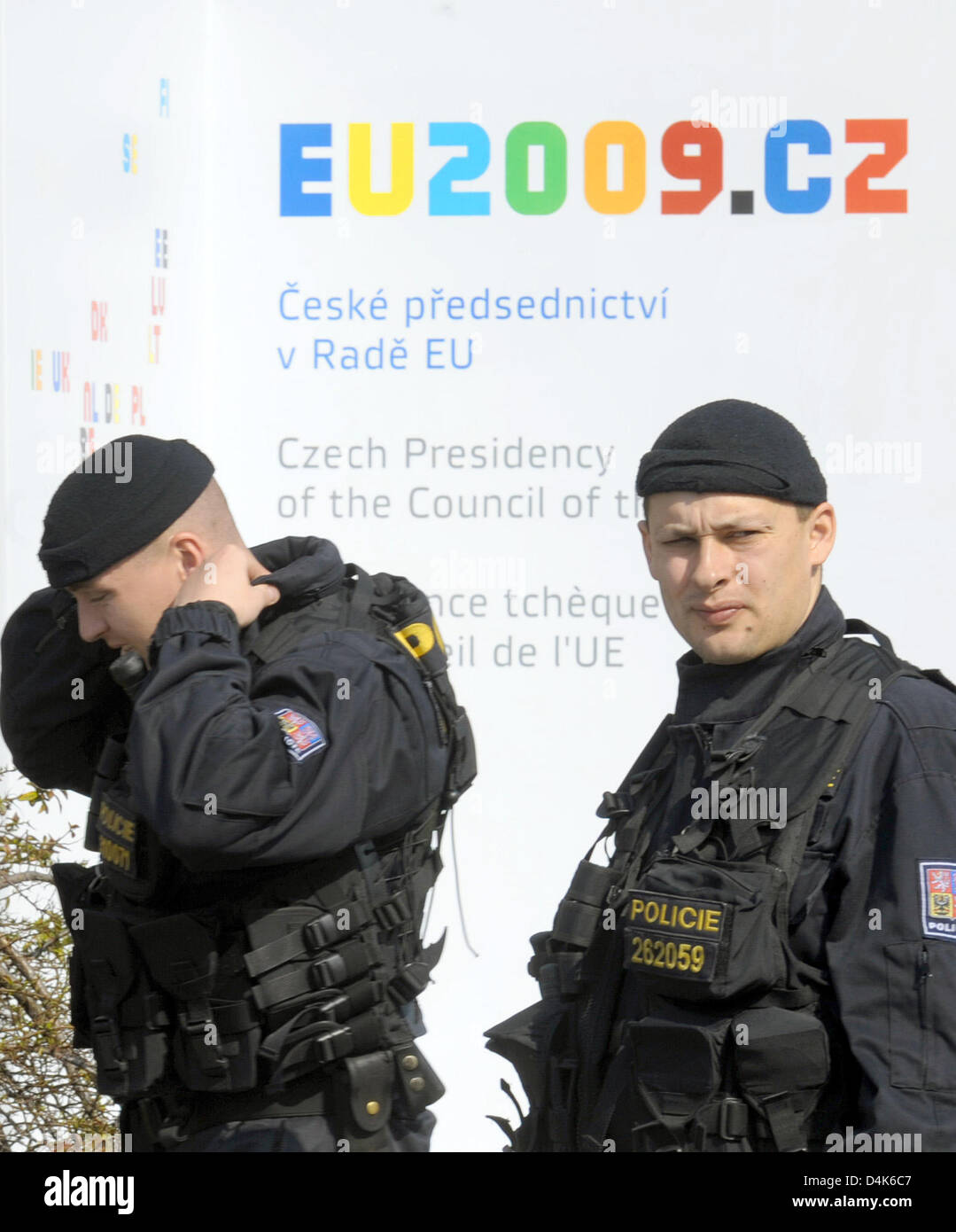 Czech special police forces seen in front of a poster advertising the ...
