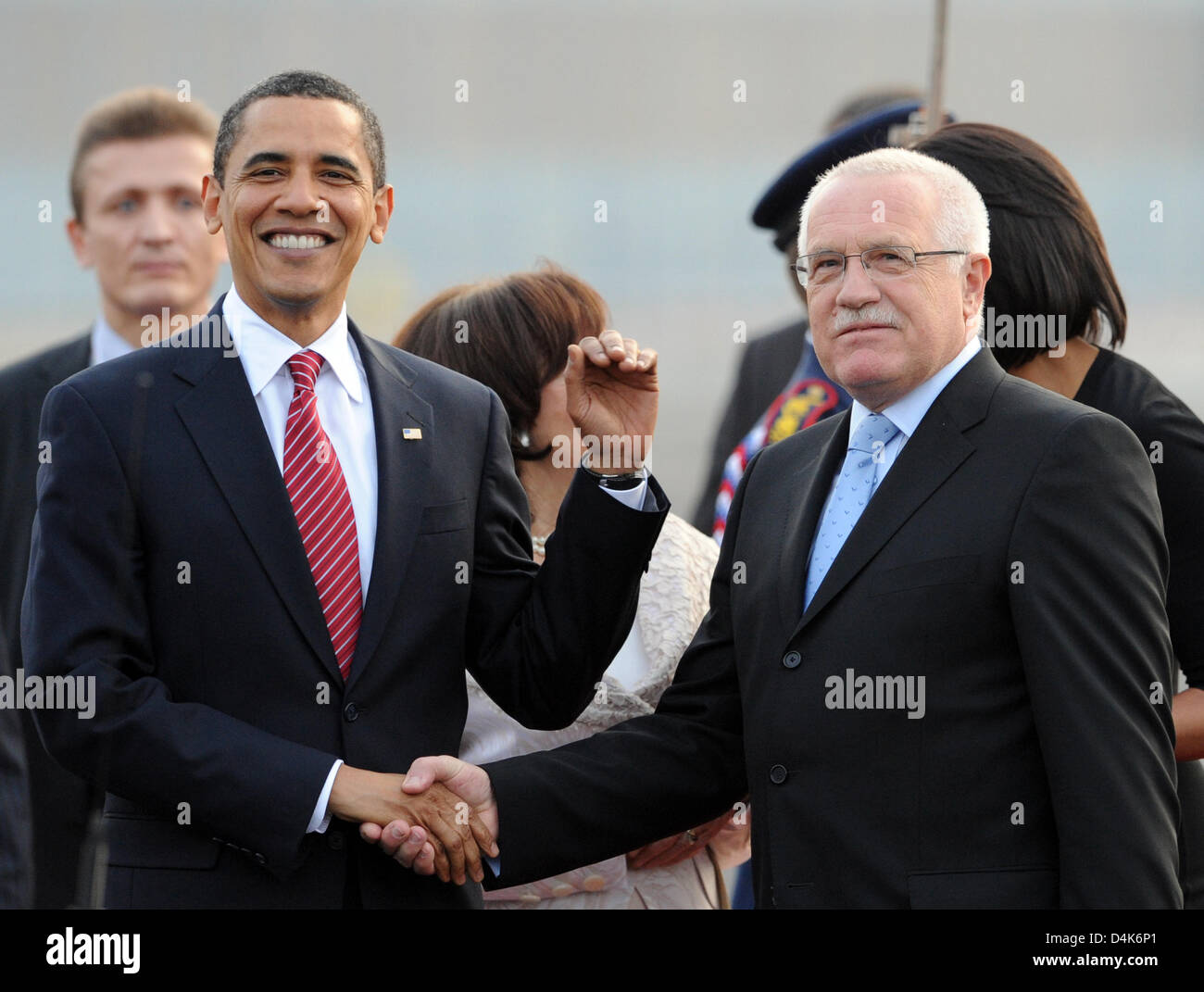 U.S. President Barack Obama (L) is welcomed by his Czech counterpart ...