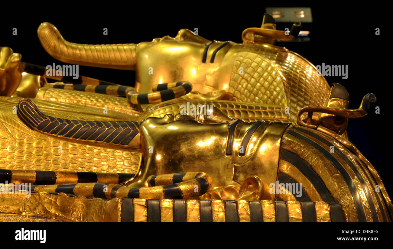 The recreated sarcophaguses of Pharaoh Tutankhamun seen on display in ...