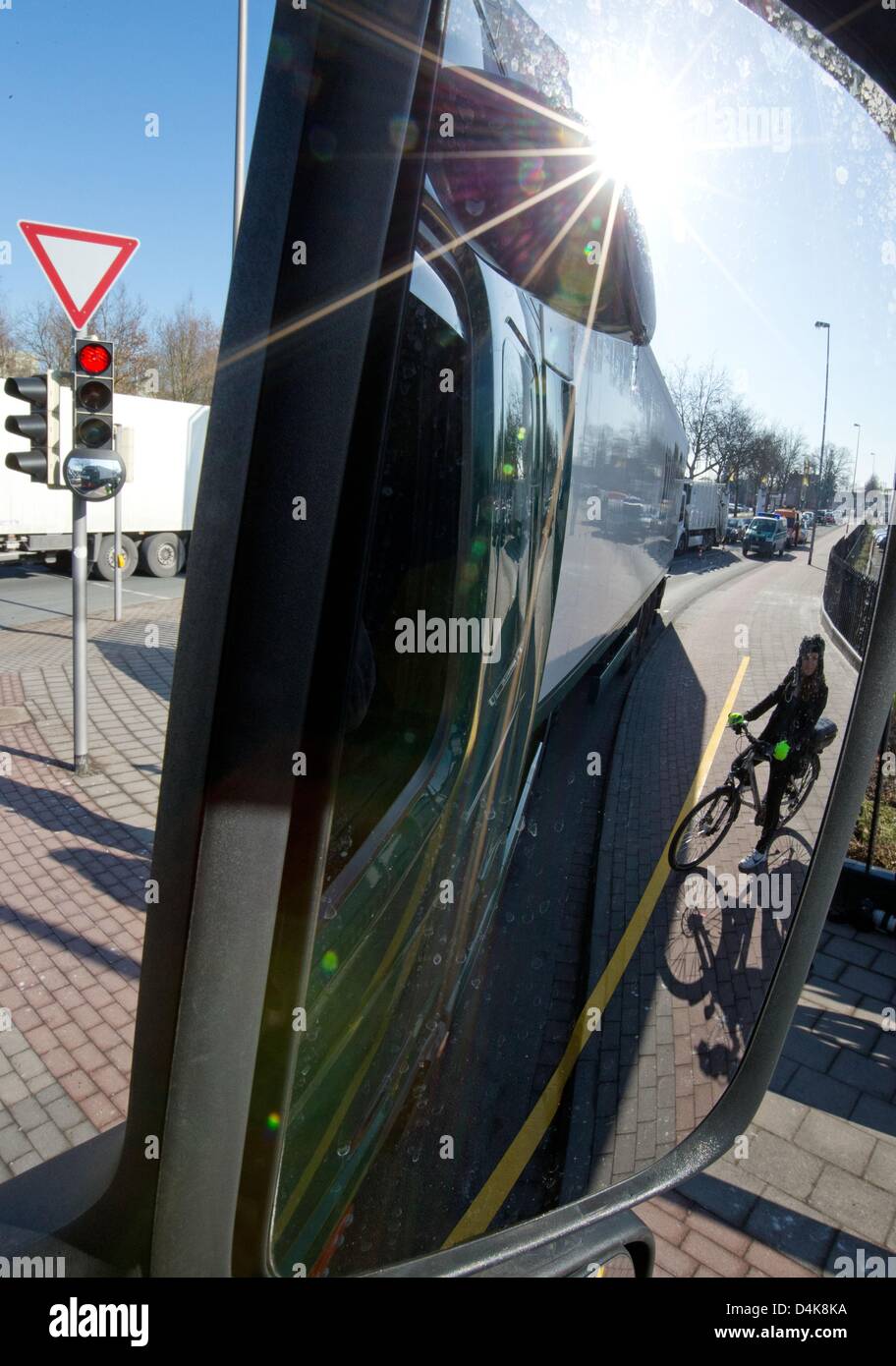A traffic light with a built-in mirror is pictured in Muenster, Germany ...