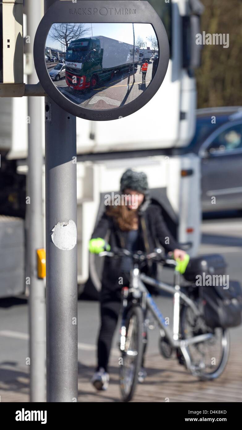A traffic light with a built-in mirror is pictured in Muenster, Germany ...