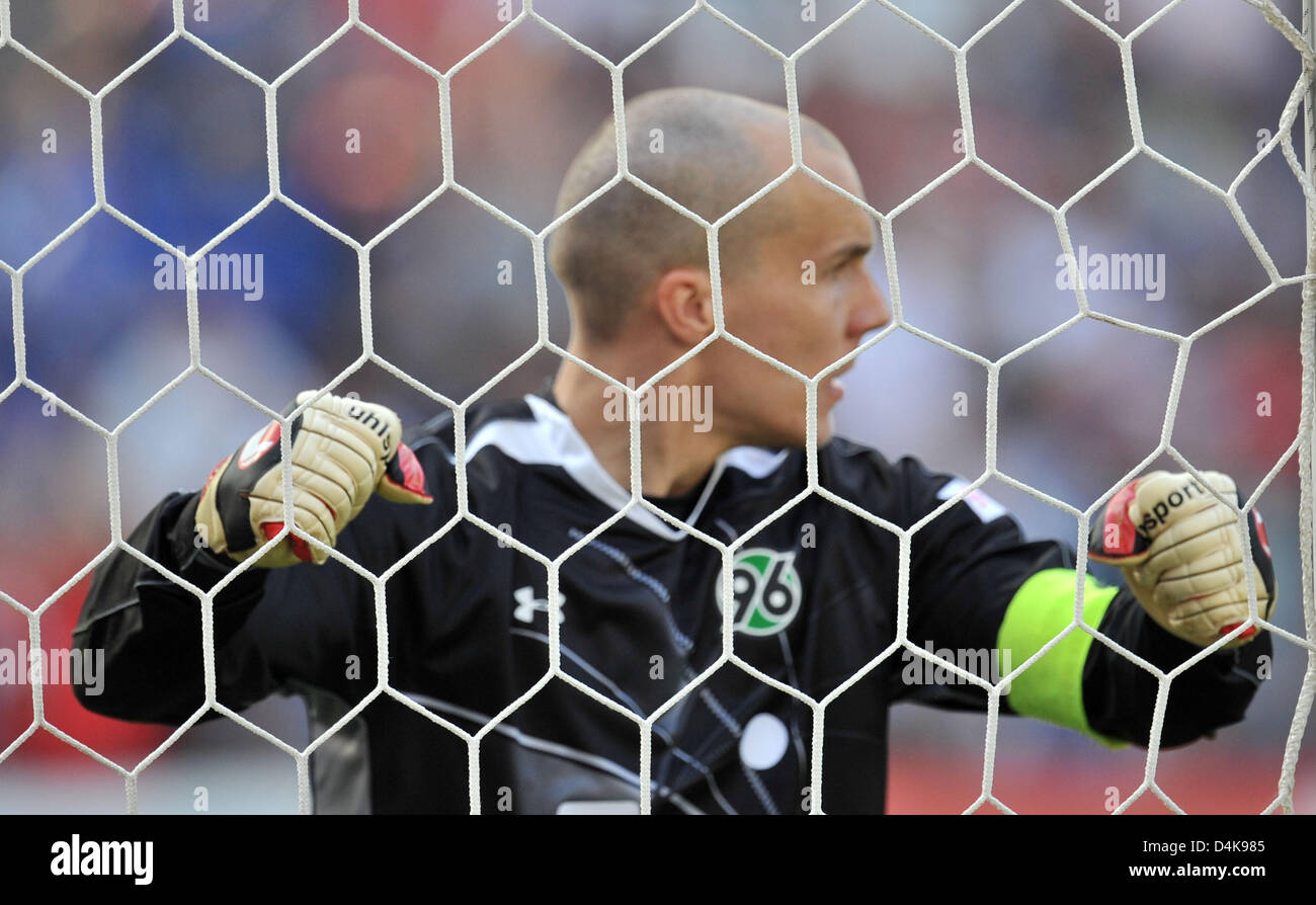 Hanover?s goalkeeper Robert Enke cheers during the Bundesliga match ...