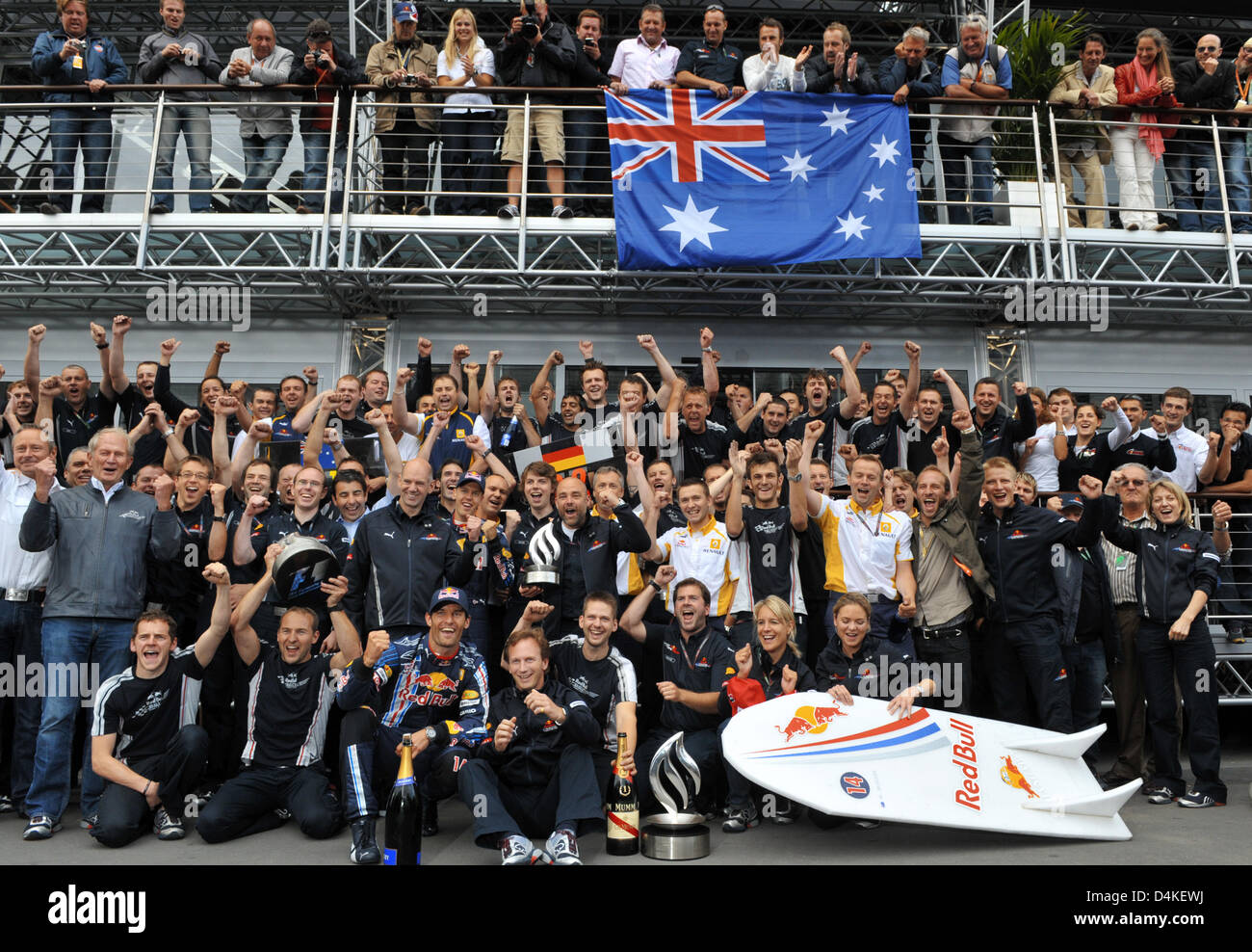 The Red Bull Racing team celebrates the victory of its drivers Mark ...