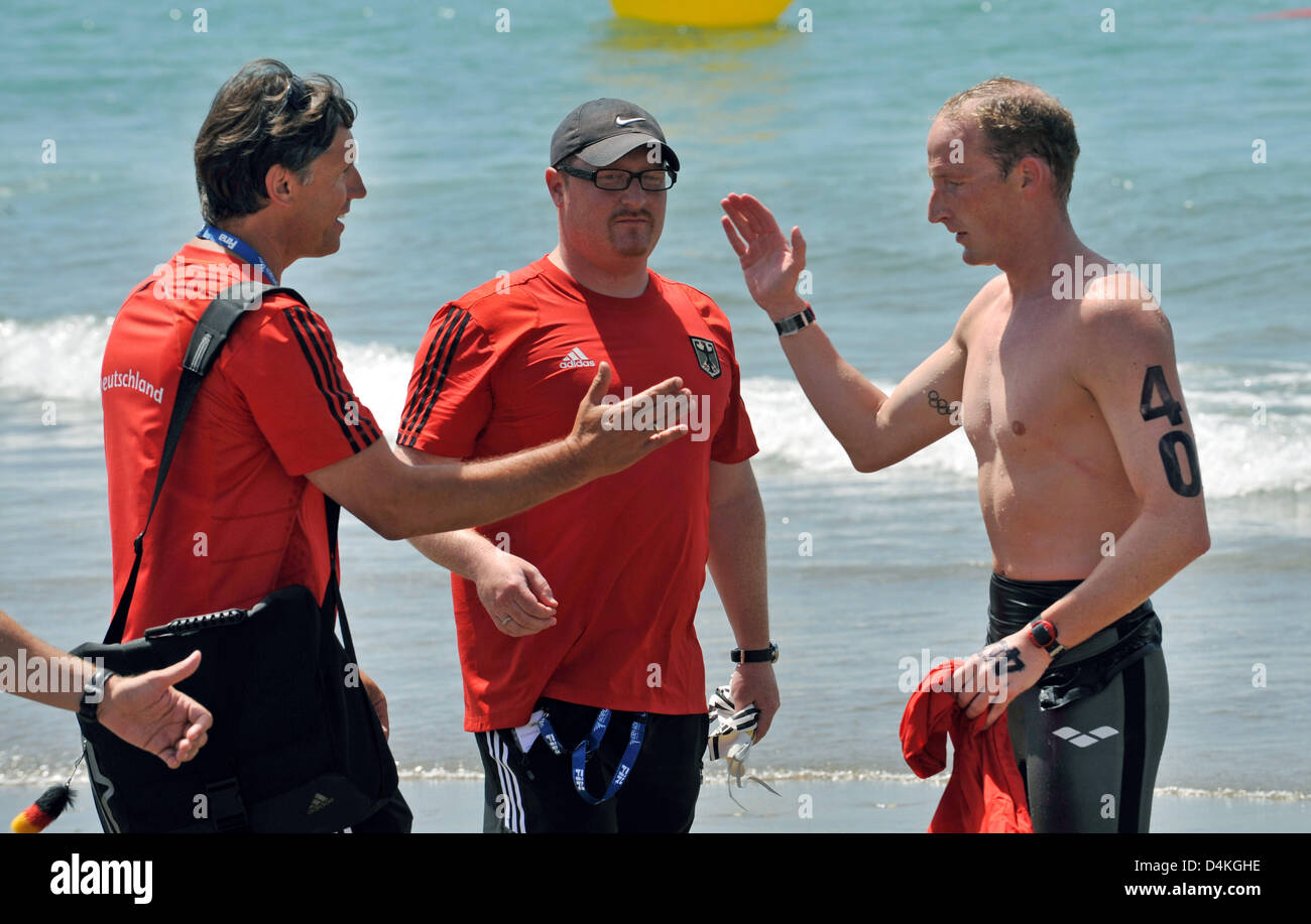 Germany?s Thomas Lurz (R) cheers winning the Open Water 5km at the FINA ...