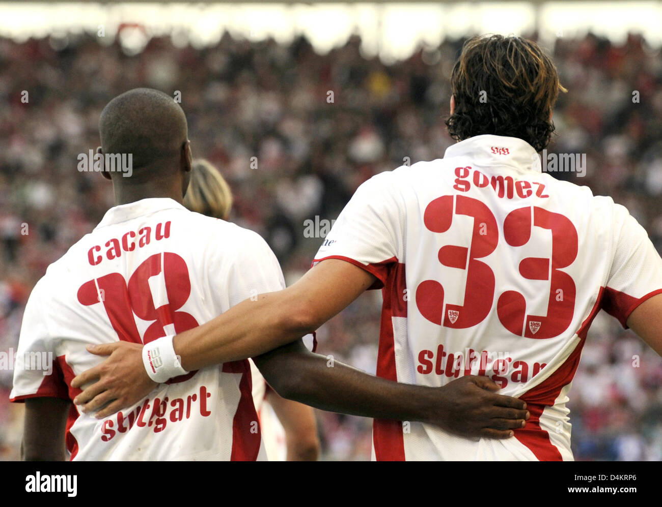 Stuttgart?s (L) hugs with fellow striker Mario Gomez (R) during the ...