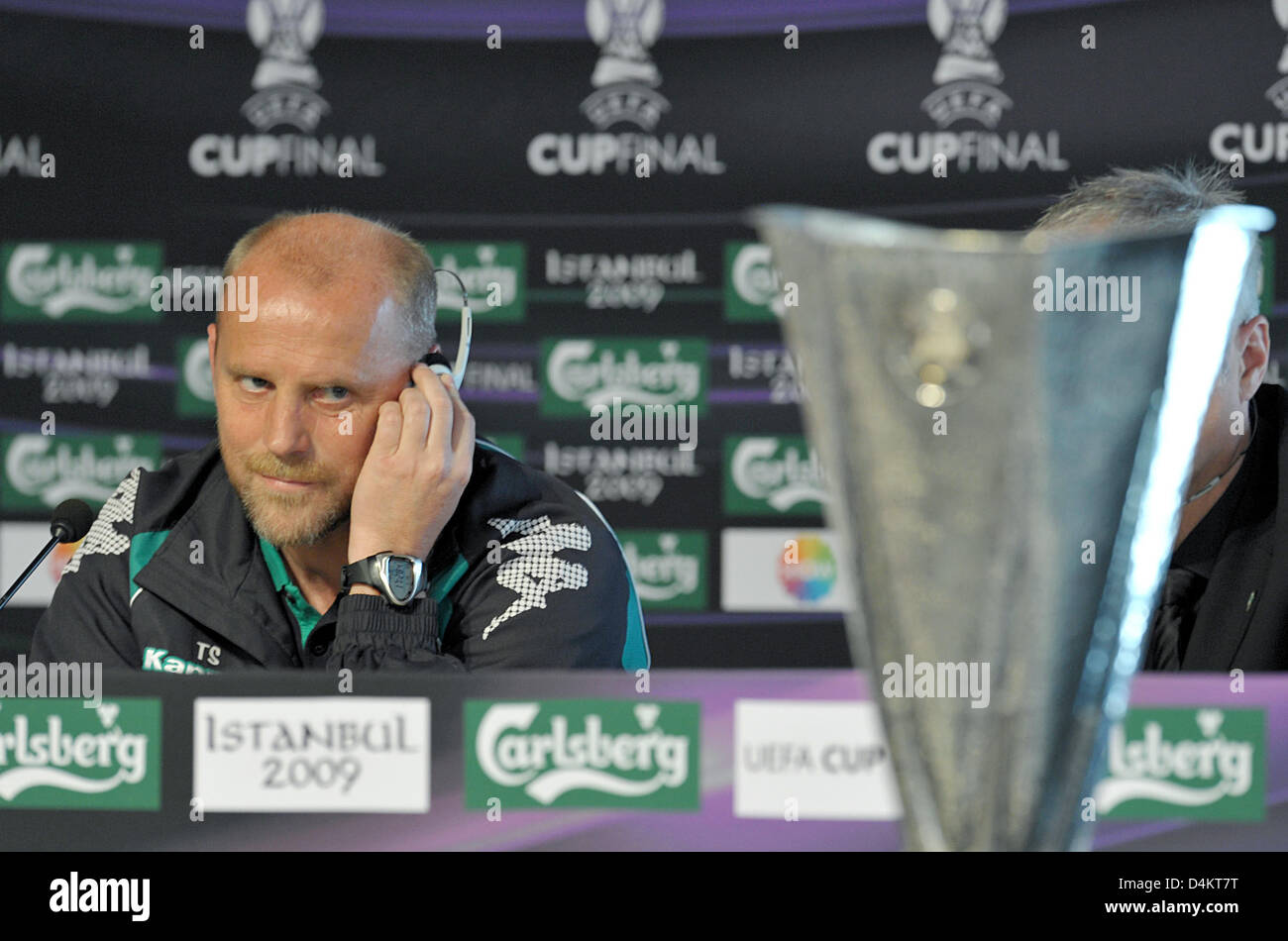 Werder Bremen?s head coach Thomas Schaaf looks at the UEFA Cup during ...