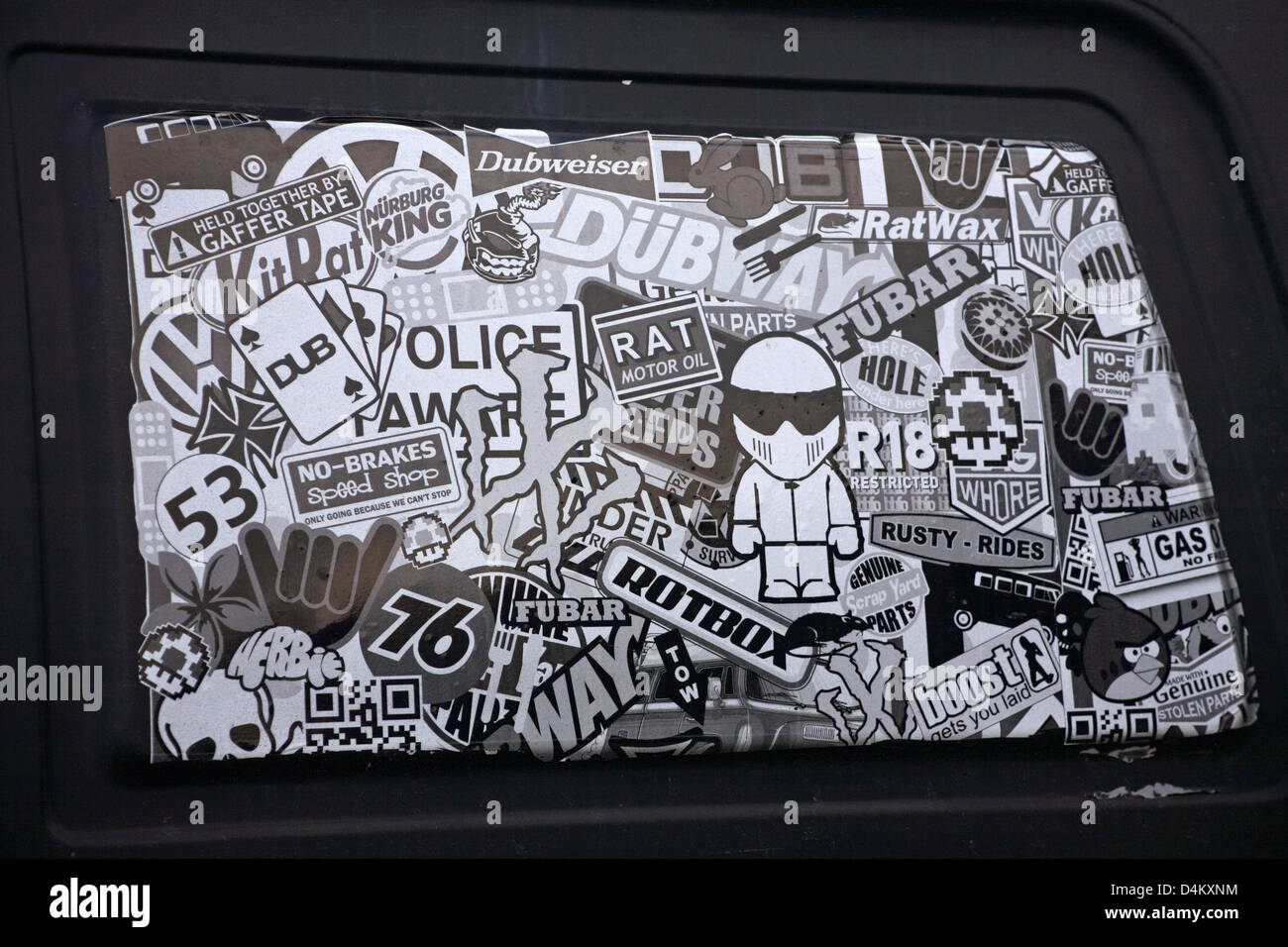 stickers on vehicle window of Vauxhall Rascal van parked in car park at ...