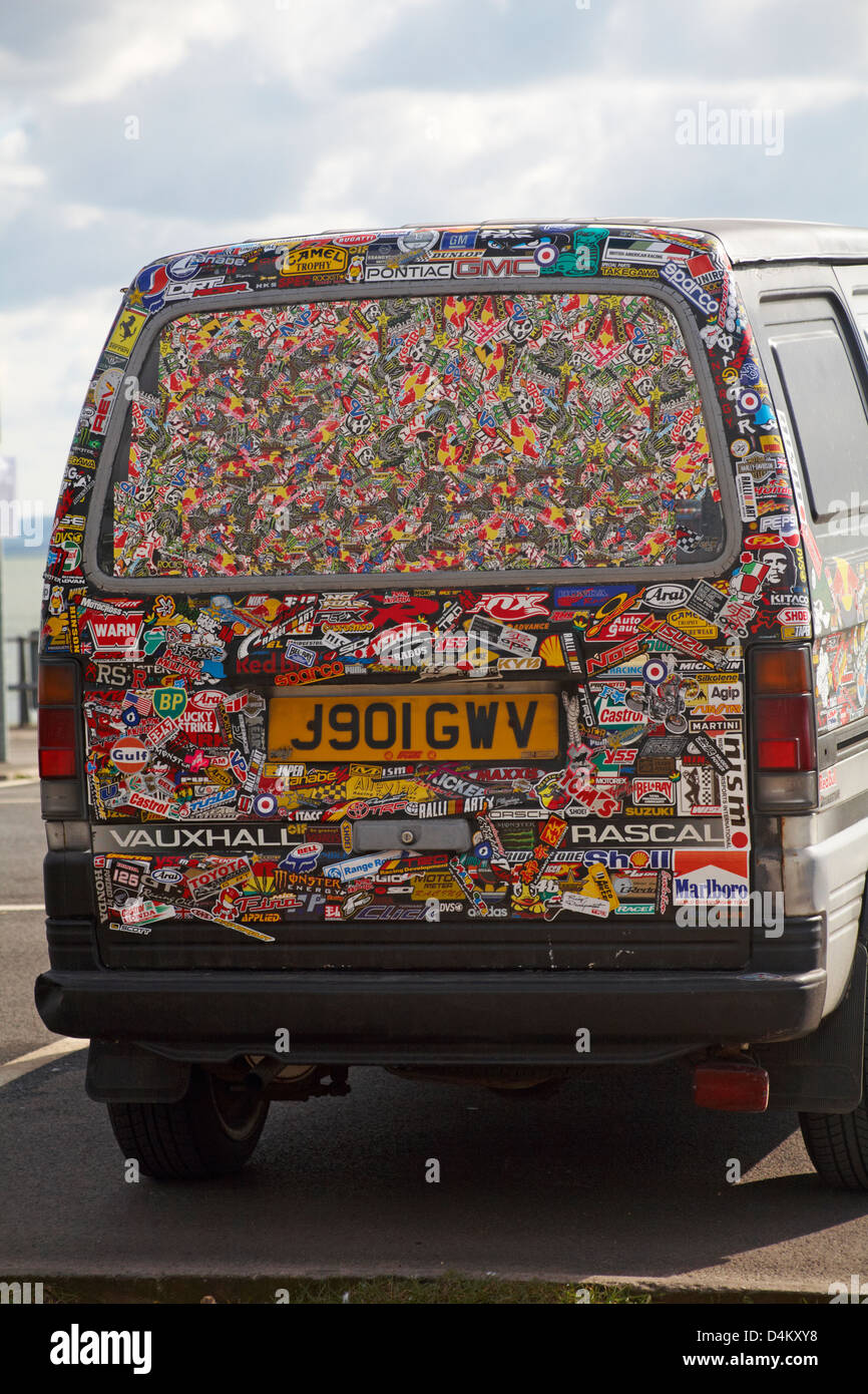Rear view of Vauxhall Rascal van camper van campervan covered in lots ...