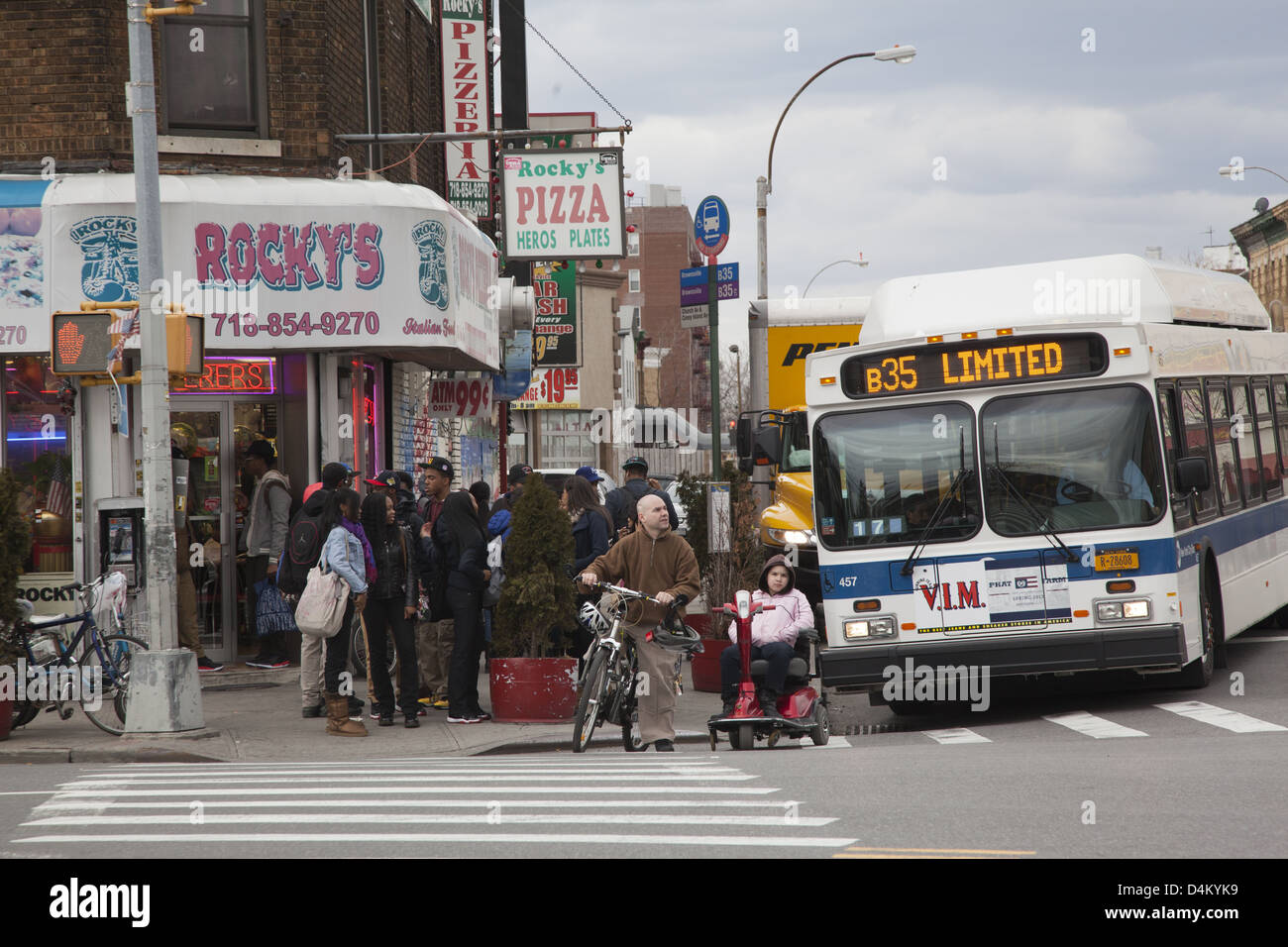 Busy corner at Church and Coney Island Avenues after school in Brooklyn ...
