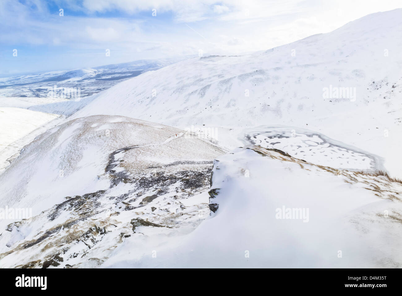 A hikers approaching Sharp Edge in the distance on route to the summit ...