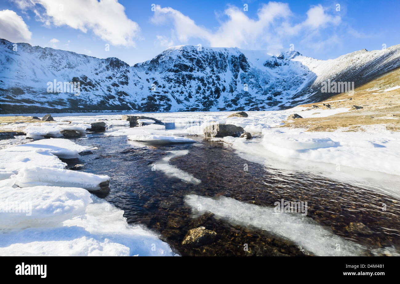 A frozen Red Tarn with Striding Edge, Helvellyn and Swirral Edge in the ...