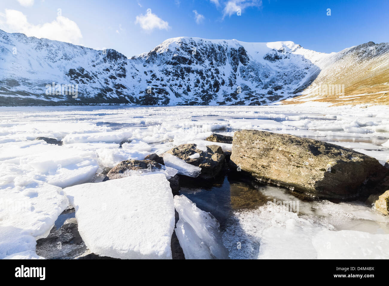 A frozen Red Tarn with Striding Edge, Helvellyn and Swirral Edge in the ...